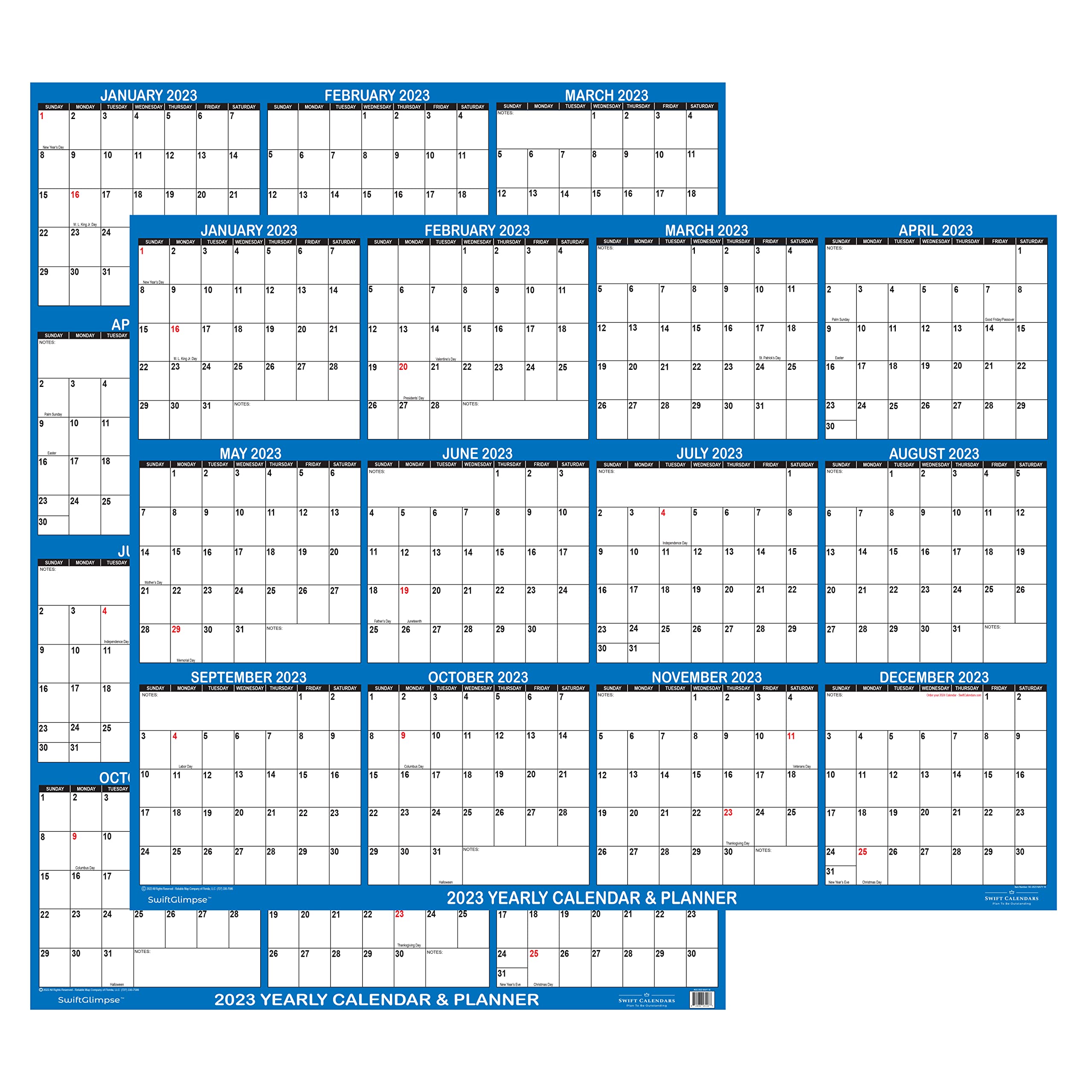 32" x 48" SwiftGlimpse 2023 Wall Calendar Erasable Large XL Wet & Dry Erase Laminated 12 Month Annual Yearly Wall Planner, Reversible, Navy