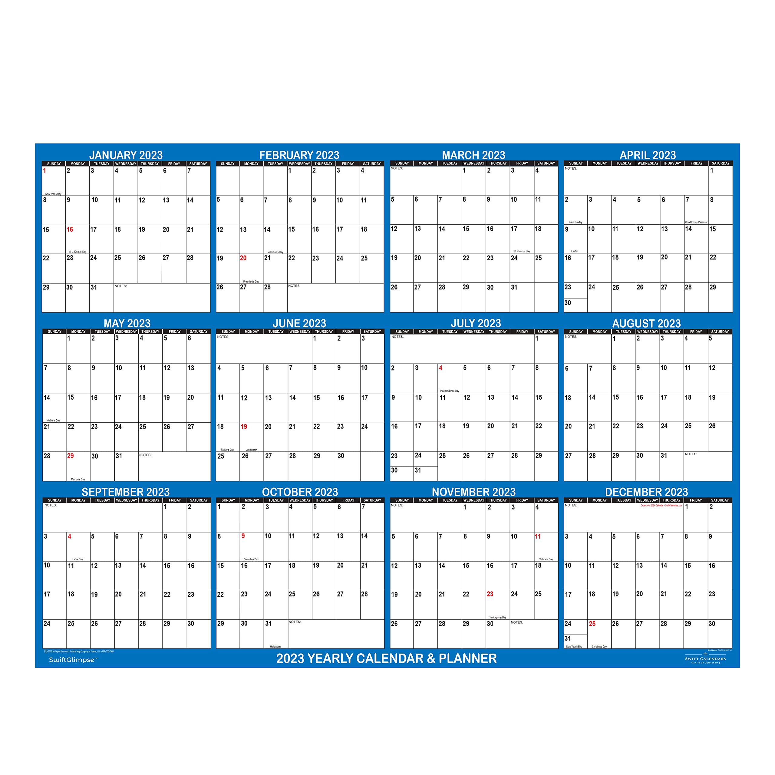32" x 48" SwiftGlimpse 2023 Wall Calendar Erasable Large XL Wet & Dry Erase Laminated 12 Month Annual Yearly Wall Planner, Reversible, Navy