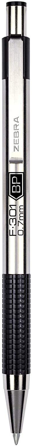 Zebra F-301 Ballpoint Stainless Steel Retractable, 0.7mm, Black Ink, Combo Pack of 6 BLACK INK Metal Pens with 3 BLACK INK REFILLS, 0.7mm fine point pens with Pen Refill