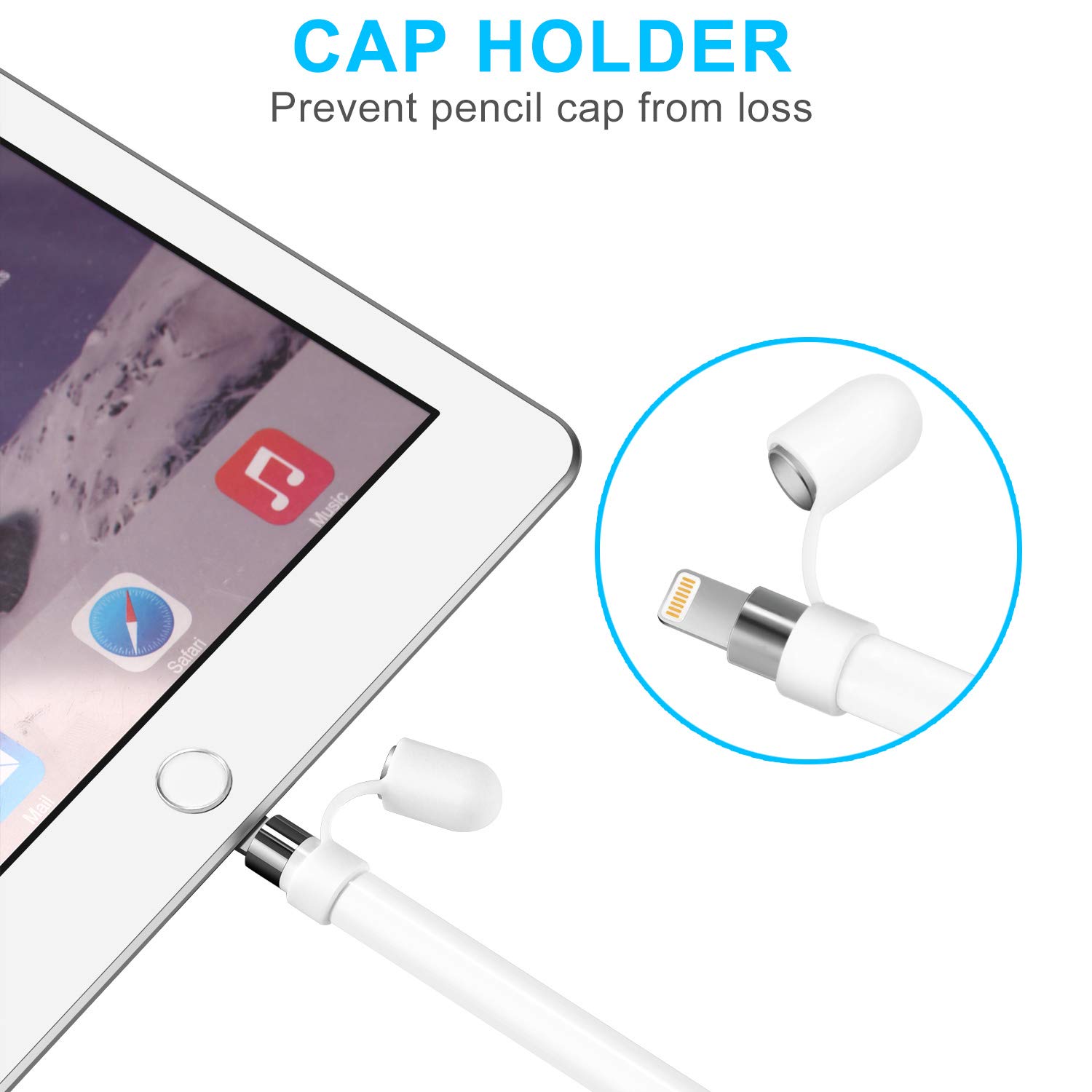 Magnetic Replacement Cap for Apple Pencil 1st Generation - with Silicone Protective Cap Holder (White)