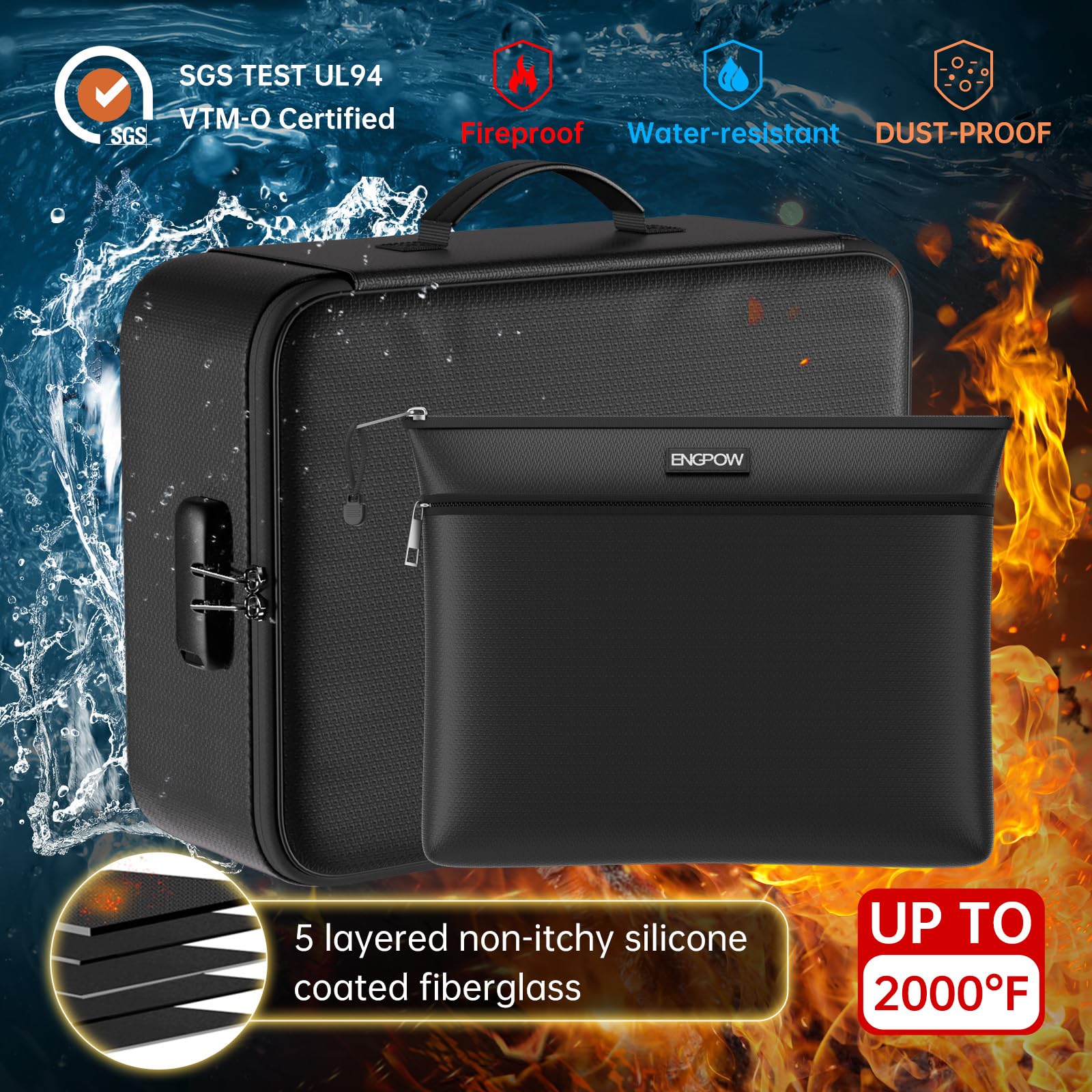 ENGPOW File Organizer Bags,Fireproof Document Bag with Money Bag,Home Office Travel Safe Bag with Lock,Multi-Layer Portable Filing Storage for Important File Passport Certificates Legal Documents