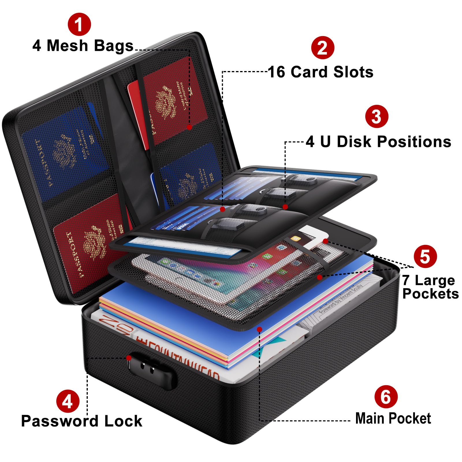 ENGPOW File Organizer Bags,Fireproof Document Bag with Money Bag,Home Office Travel Safe Bag with Lock,Multi-Layer Portable Filing Storage for Important File Passport Certificates Legal Documents