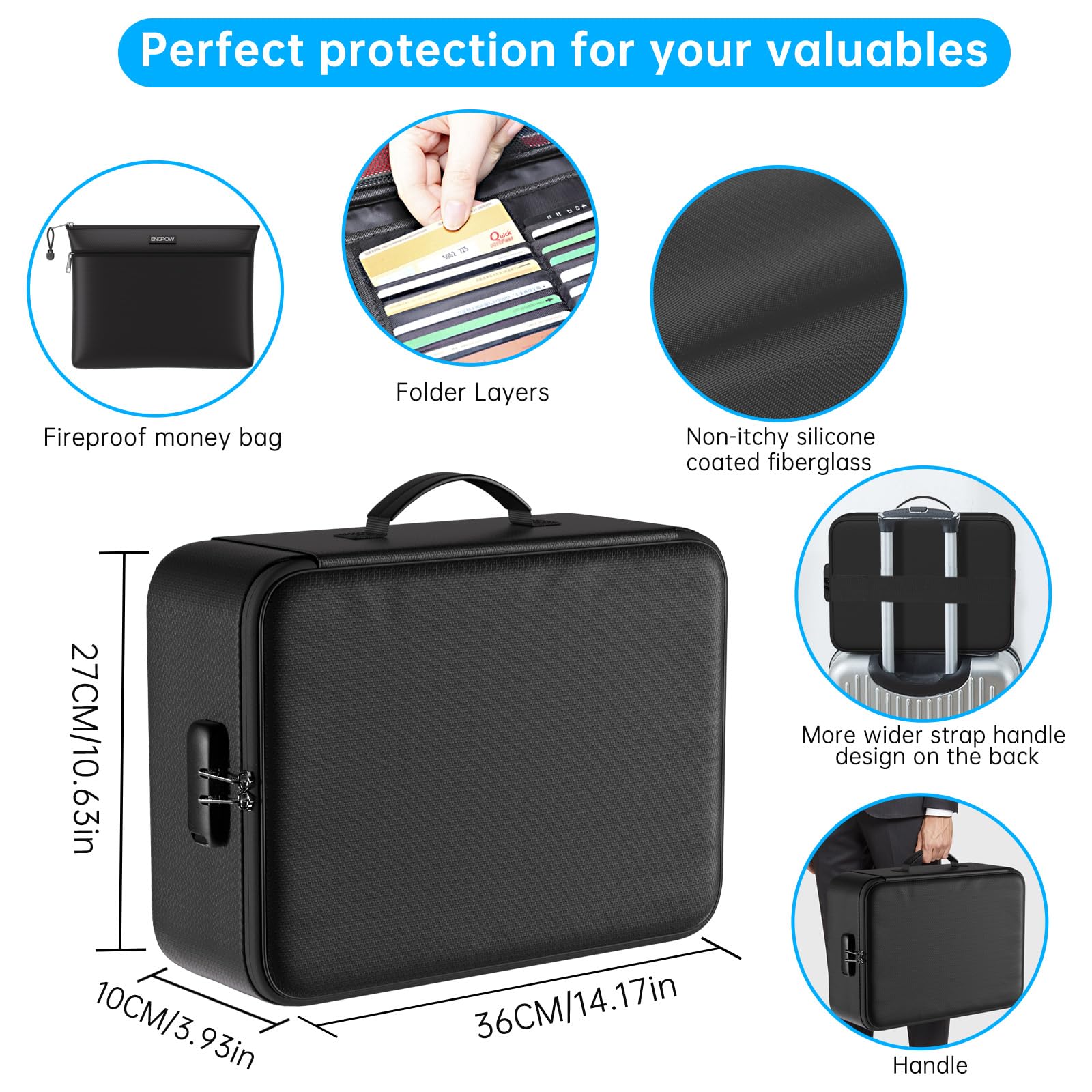 ENGPOW File Organizer Bags,Fireproof Document Bag with Money Bag,Home Office Travel Safe Bag with Lock,Multi-Layer Portable Filing Storage for Important File Passport Certificates Legal Documents