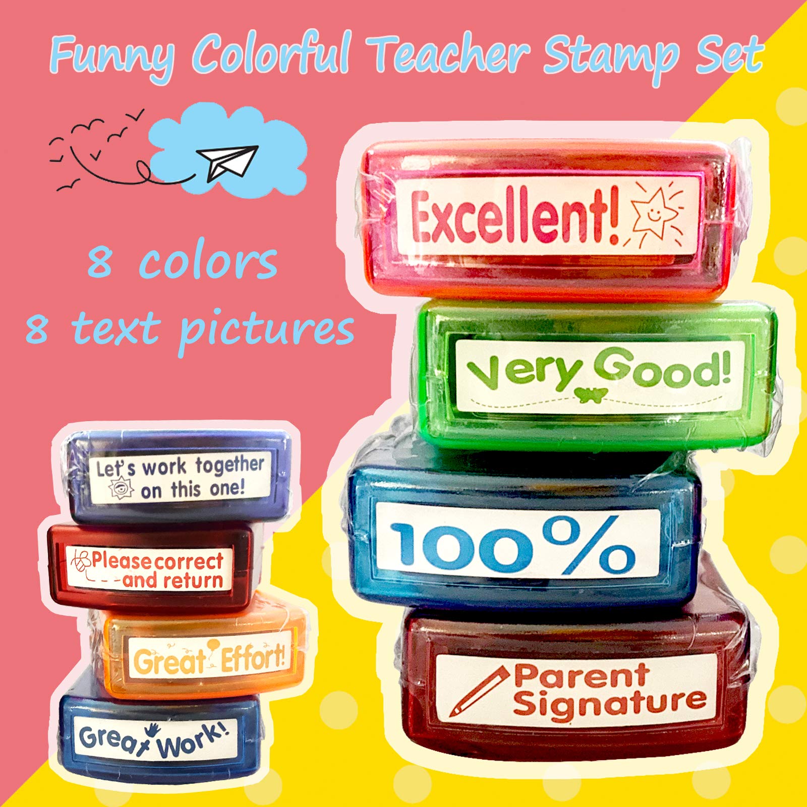 Bertiveny Teacher Stamps for Grading Classroom，Parent Signature Teacher Self-Inking Stamp Set Stamps for Homework Teacher Supplies with 8 pcs