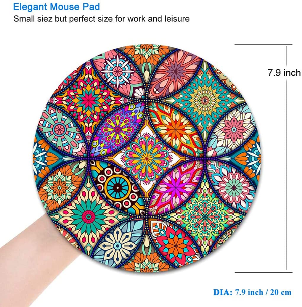 BOSOBO Mouse Pad, Round Mandala Mouse Mat, Cute Mouse Pad with Design, Non-Slip Rubber Base Mousepad with Stitched Edge, Waterproof Women Office Mouse Pads, Small Size 7.9 x 7.9 Inch, Pretty Mandala