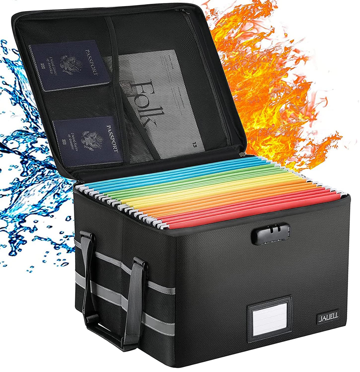 Upgraded File Box with Lock, Fireproof Document Box File Cabinet File Organizer Box with Water-Resistant Zipper & Adjustable Handle, Collapsible Filing Cabinet for Hanging Letter/Legal Folder (Black)