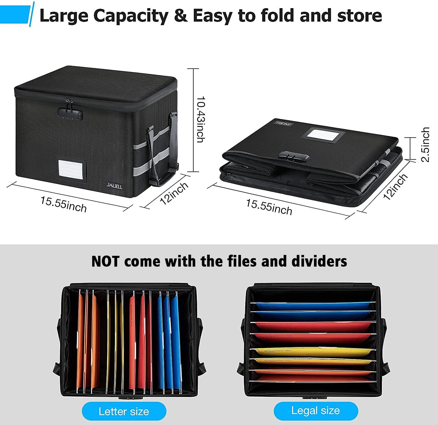 Upgraded File Box with Lock, Fireproof Document Box File Cabinet File Organizer Box with Water-Resistant Zipper & Adjustable Handle, Collapsible Filing Cabinet for Hanging Letter/Legal Folder (Black)