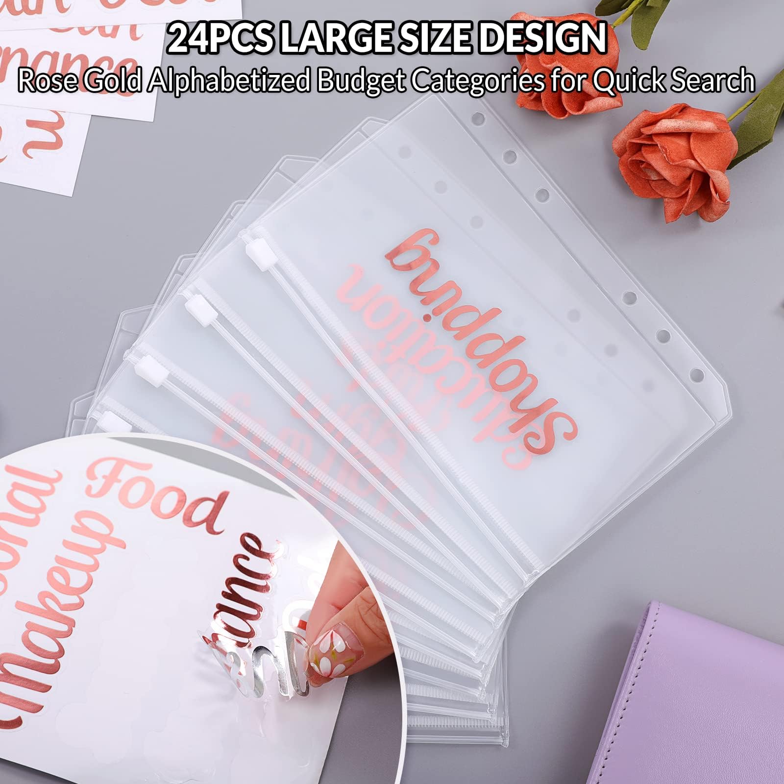 SKYDUE A6 Budget Binder,Money Organizer for Cash with 8pcs Zipper Envelopes,12pcs Expense Budget Sheets & 24 Rose Gold Sticky Labels,Money Saving Binder for Budgeting