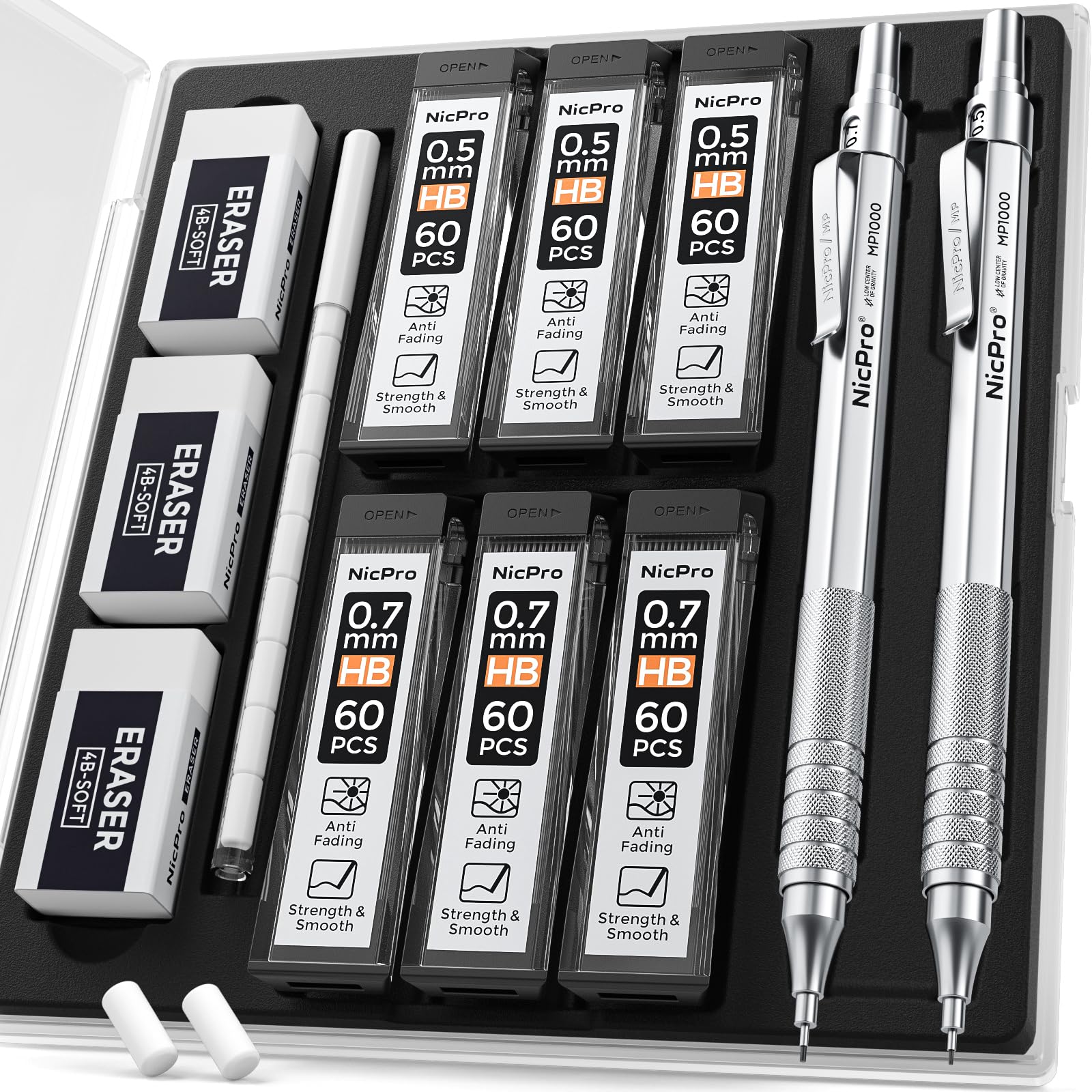 Nicpro 2 PCS Mechanical Pencils 0.5mm & 0.7 mm with Case, Metal Artist Pencil Set with 4 Tubes HB Lead Refills, 2 Erasers, 9 Eraser Refills For Art Writing Drafting, Drawing, Sketch, Silver