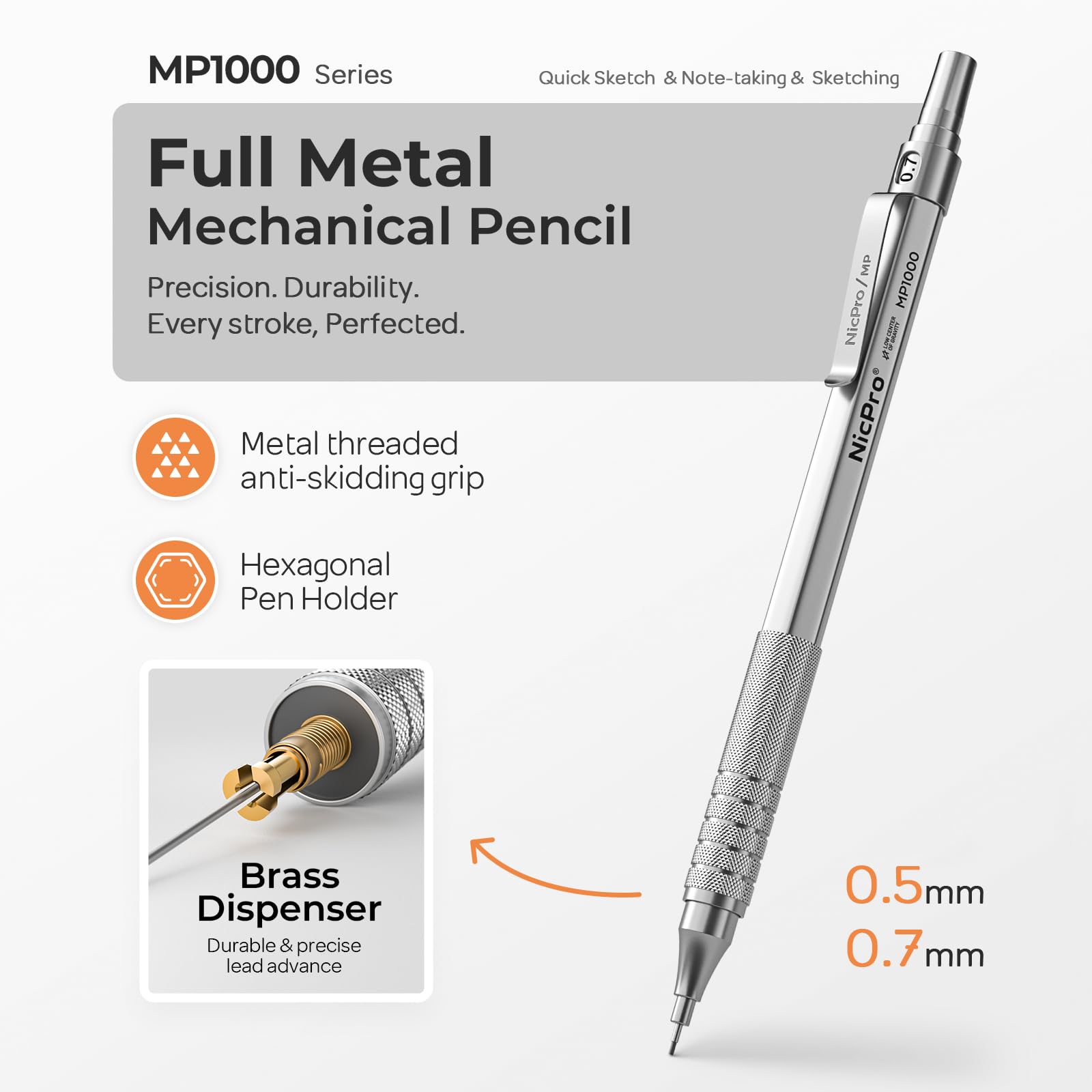 Nicpro 2 PCS Mechanical Pencils 0.5mm & 0.7 mm with Case, Metal Artist Pencil Set with 4 Tubes HB Lead Refills, 2 Erasers, 9 Eraser Refills For Art Writing Drafting, Drawing, Sketch, Silver