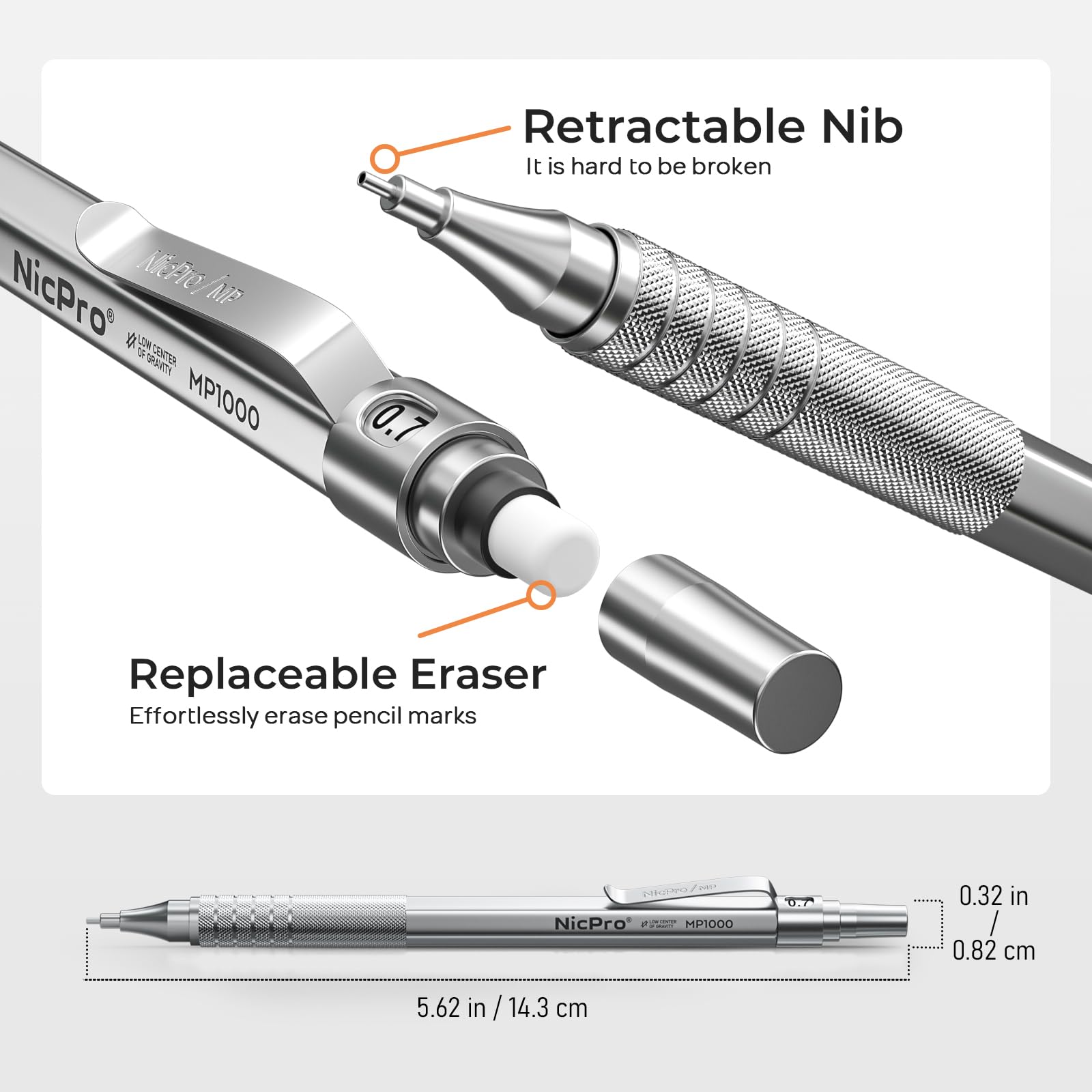 Nicpro 2 PCS Mechanical Pencils 0.5mm & 0.7 mm with Case, Metal Artist Pencil Set with 4 Tubes HB Lead Refills, 2 Erasers, 9 Eraser Refills For Art Writing Drafting, Drawing, Sketch, Silver