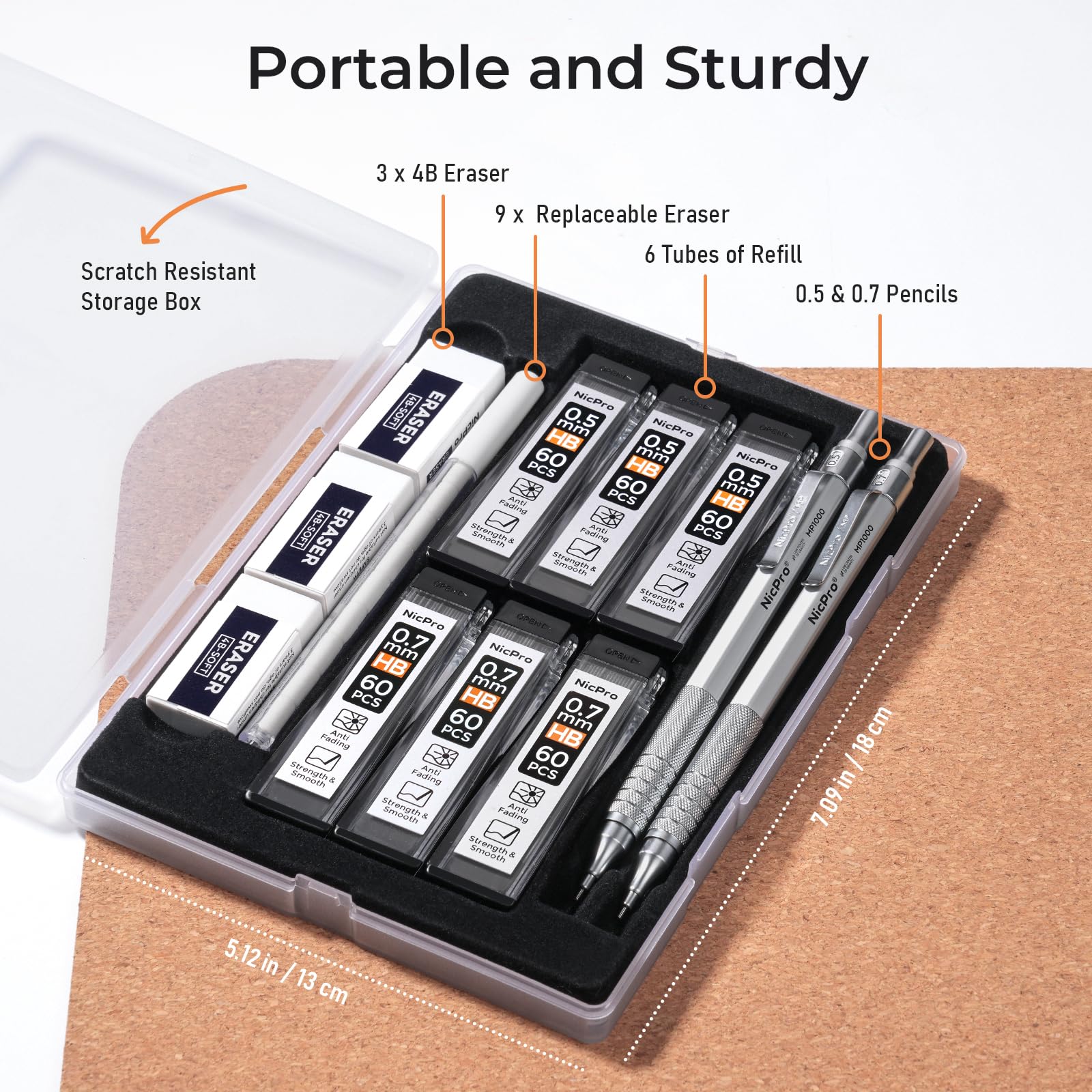Nicpro 2 PCS Mechanical Pencils 0.5mm & 0.7 mm with Case, Metal Artist Pencil Set with 4 Tubes HB Lead Refills, 2 Erasers, 9 Eraser Refills For Art Writing Drafting, Drawing, Sketch, Silver