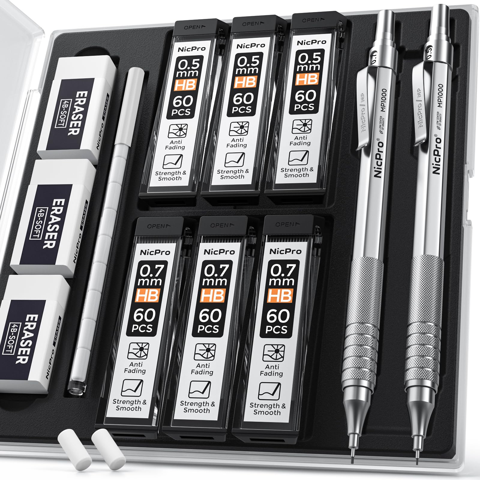 Nicpro 2 PCS Mechanical Pencils 0.5mm & 0.7 mm with Case, Metal Artist Pencil Set with 4 Tubes HB Lead Refills, 2 Erasers, 9 Eraser Refills For Art Writing Drafting, Drawing, Sketch, Silver