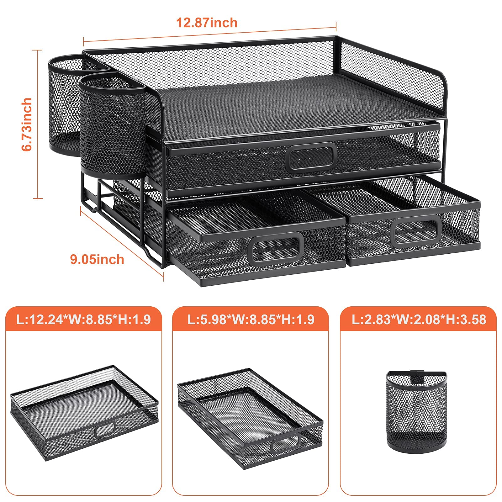 Marbrasse 3 Tier Mesh Desk Organizer with Drawer, Multi-Functional Desk Organizers and Accessories, Paper Letter Organizer with 2 Pen Holder for Home Office Supplies - Black