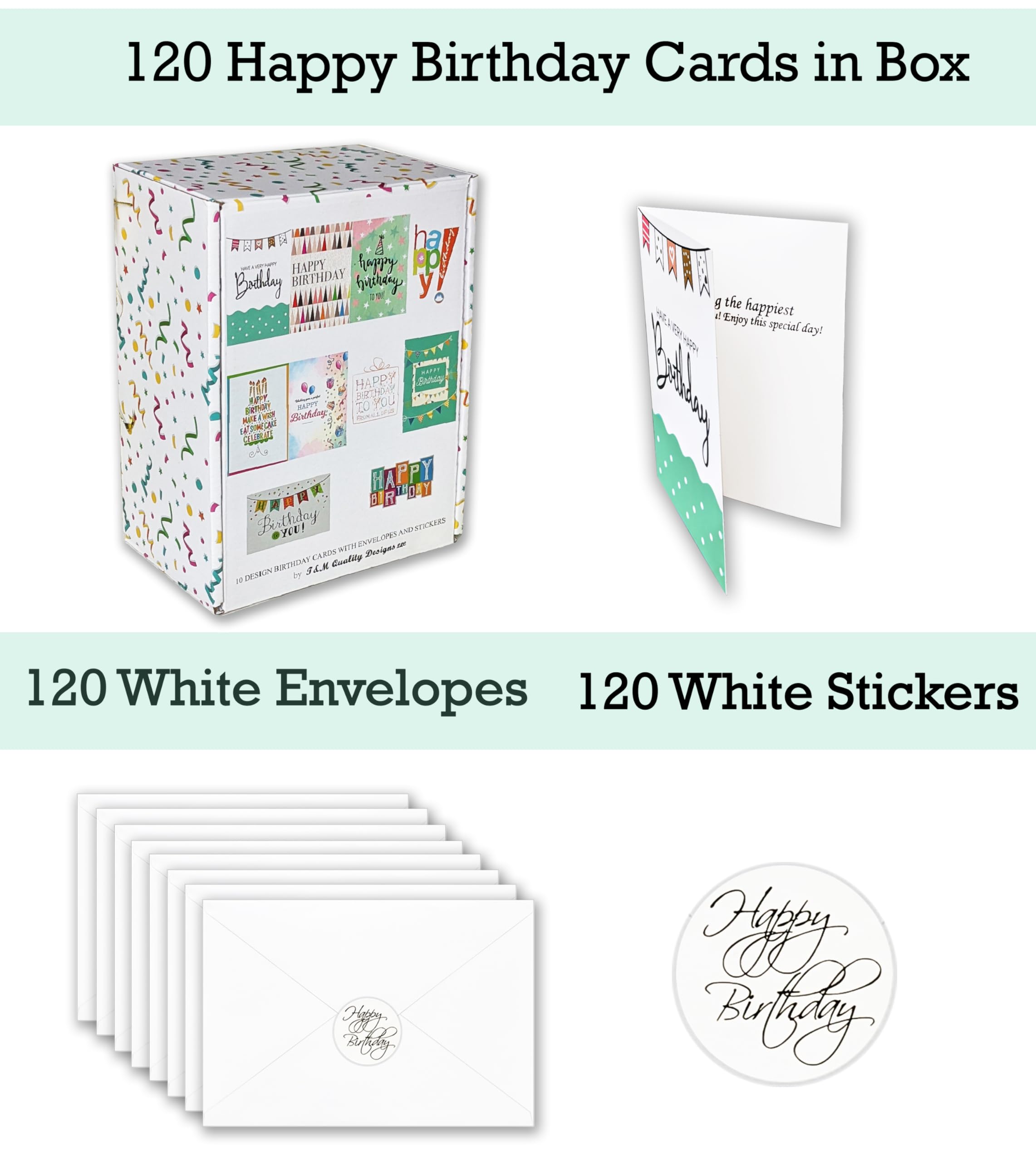 120 Happy Birthday Cards with Short Generic Message Inside , Assorted Greeting Notes Bulk with Envelopes and Stickers, 10 Unique Designs, 4x6 Inch, Thick Cardstock, Sturdy Box for Business and Personal