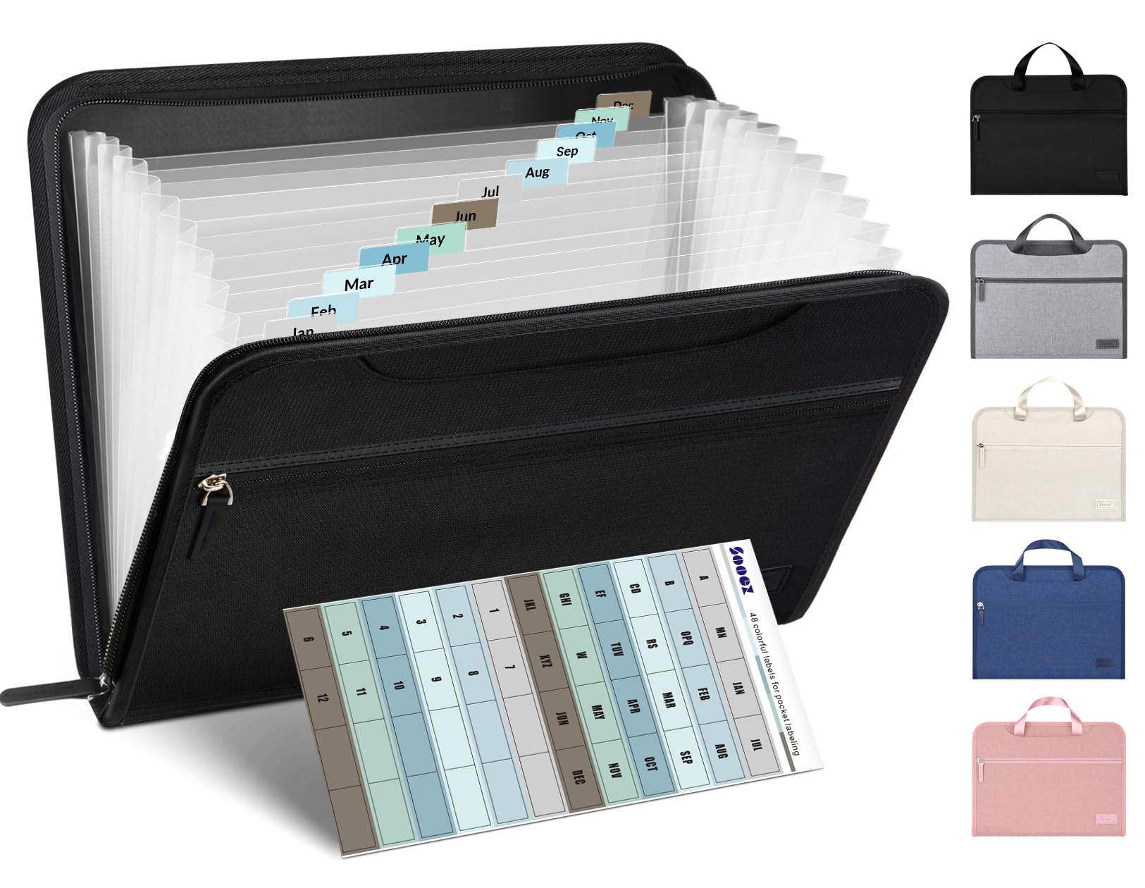 Sooez Heavy Duty Accordian File Organizer with Hidden Handle, 13 Pocket Expanding File Folder with Zipper & Labels, Portable Cloth Document Organizer Accordion File Keeper for Letter Size / A4 Paper
