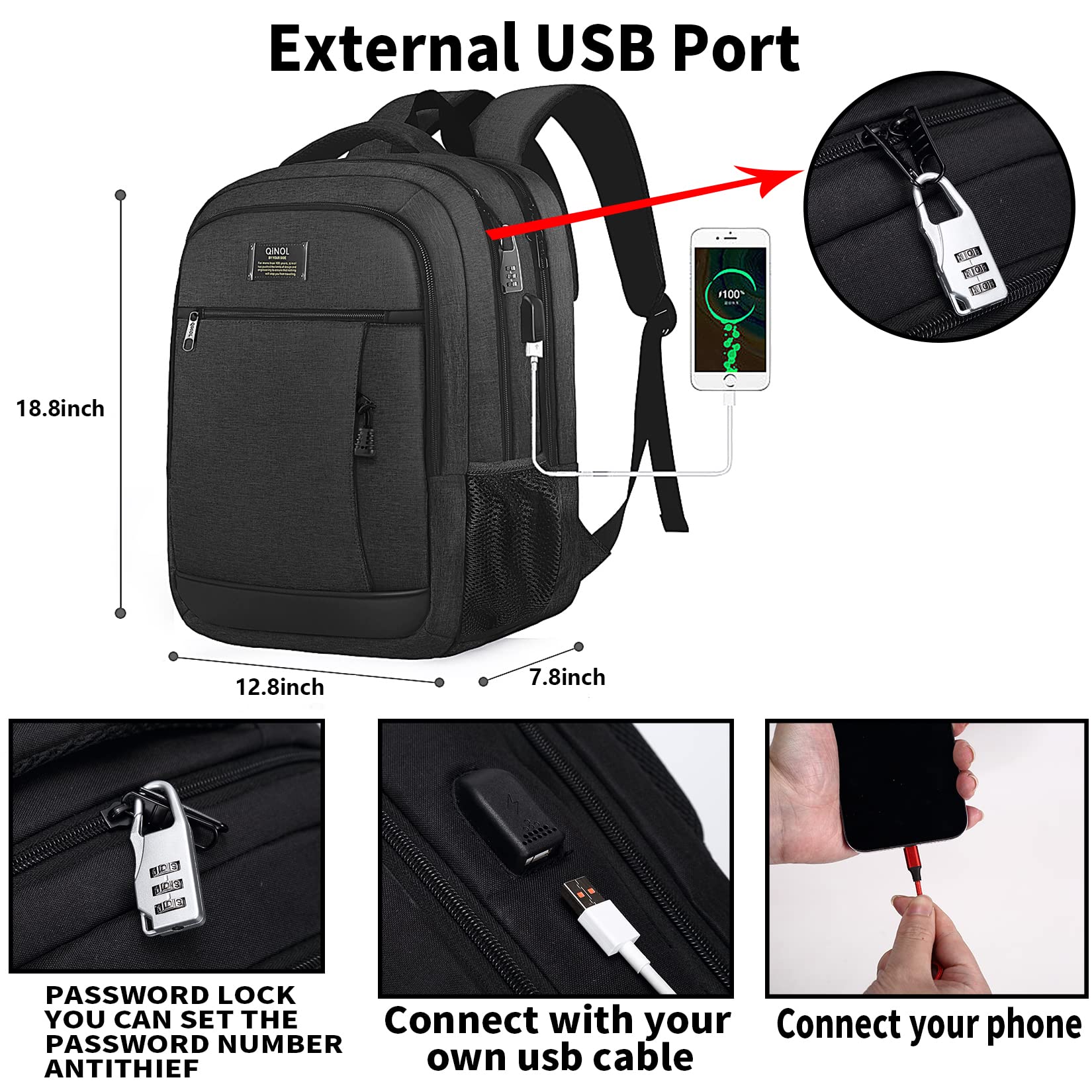 QINOL Travel Laptop Backpack Anti-Theft Work Bookbags With USB Charging Port, Water Resistant 15.6 Inch College Computer Bag for Men Women (Black)