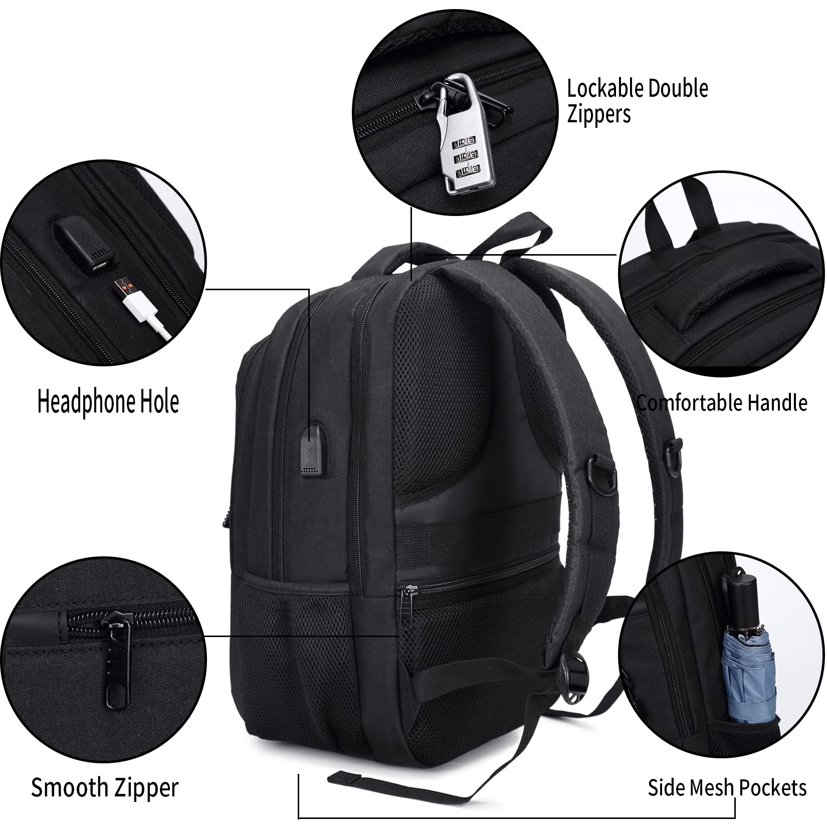 QINOL Travel Laptop Backpack Anti-Theft Work Bookbags With USB Charging Port, Water Resistant 15.6 Inch College Computer Bag for Men Women (Black)