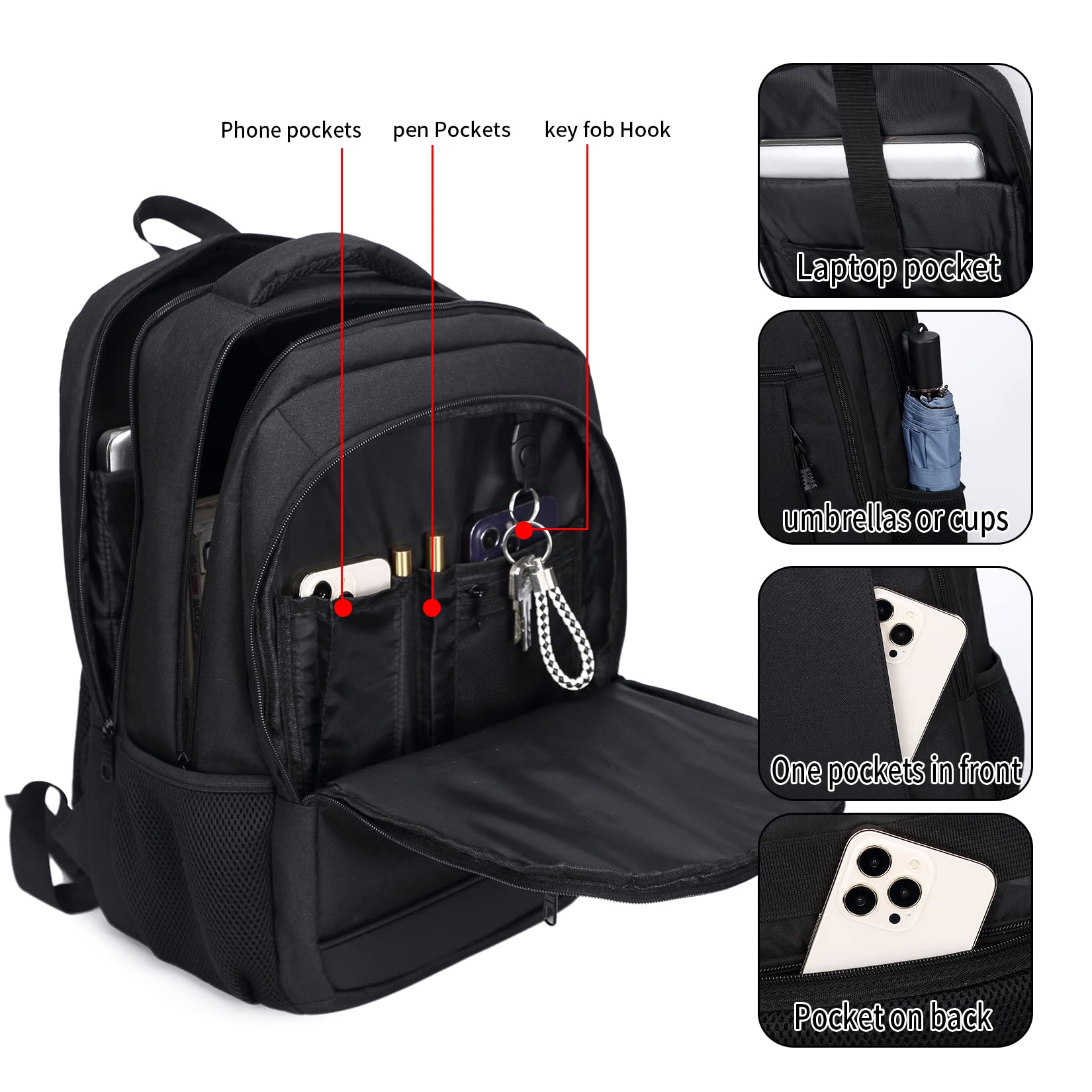 QINOL Travel Laptop Backpack Anti-Theft Work Bookbags With USB Charging Port, Water Resistant 15.6 Inch College Computer Bag for Men Women (Black)
