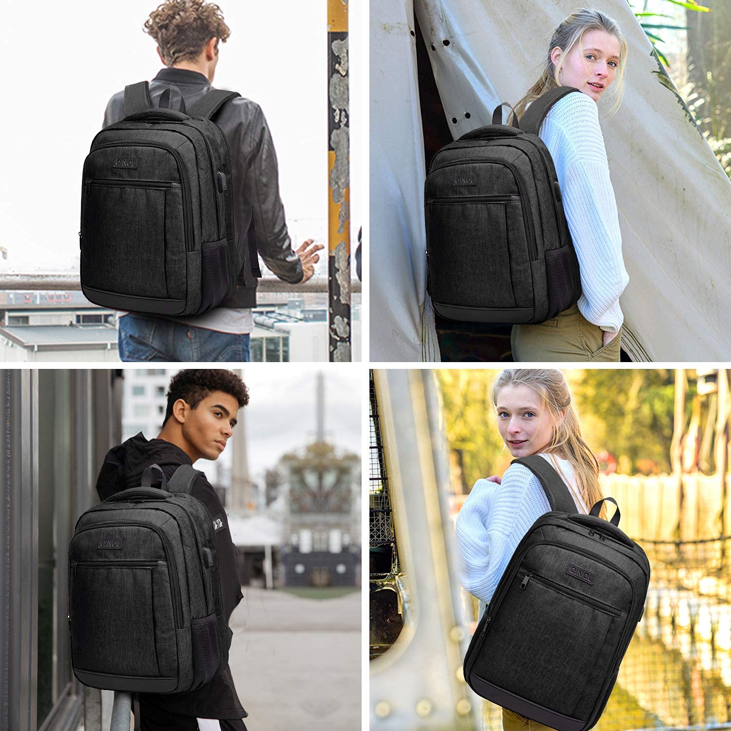 QINOL Travel Laptop Backpack Anti-Theft Work Bookbags With USB Charging Port, Water Resistant 15.6 Inch College Computer Bag for Men Women (Black)