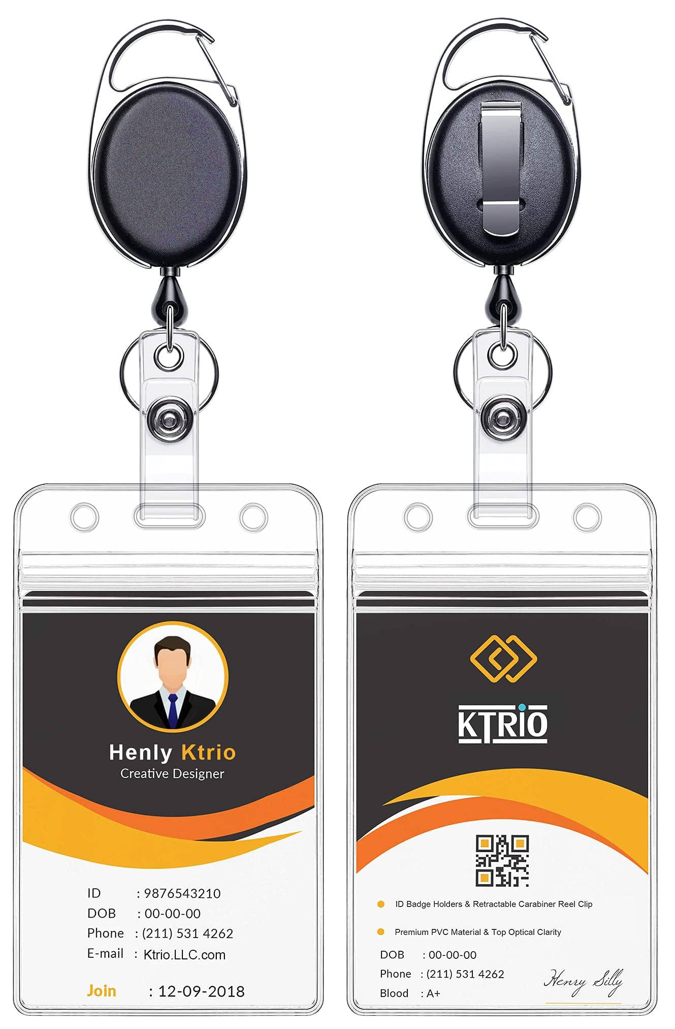 KTRIO 2 Pack Retractable Badge Holders, ID Badge Holders with Heavy Duty Carabiner Reel Clip, Vertical Style Clear ID Card Holders with 28 inches Kevlar Pull Cord