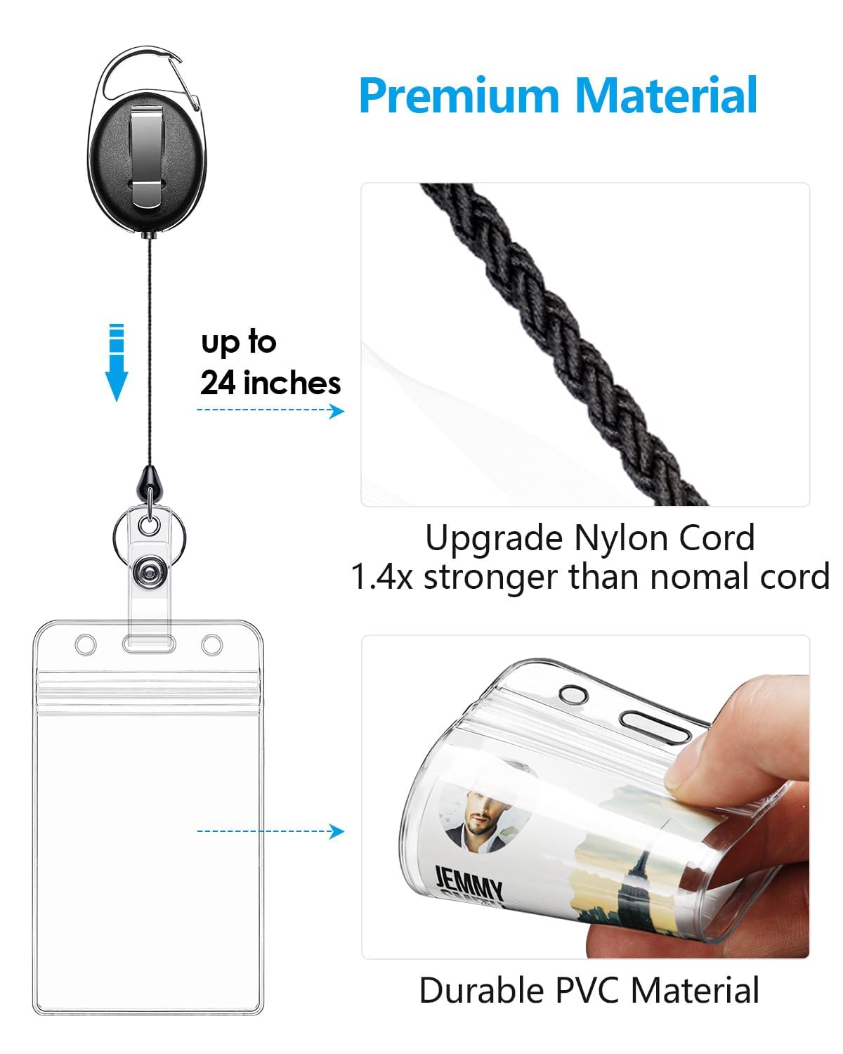 KTRIO 2 Pack Retractable Badge Holders, ID Badge Holders with Heavy Duty Carabiner Reel Clip, Vertical Style Clear ID Card Holders with 28 inches Kevlar Pull Cord