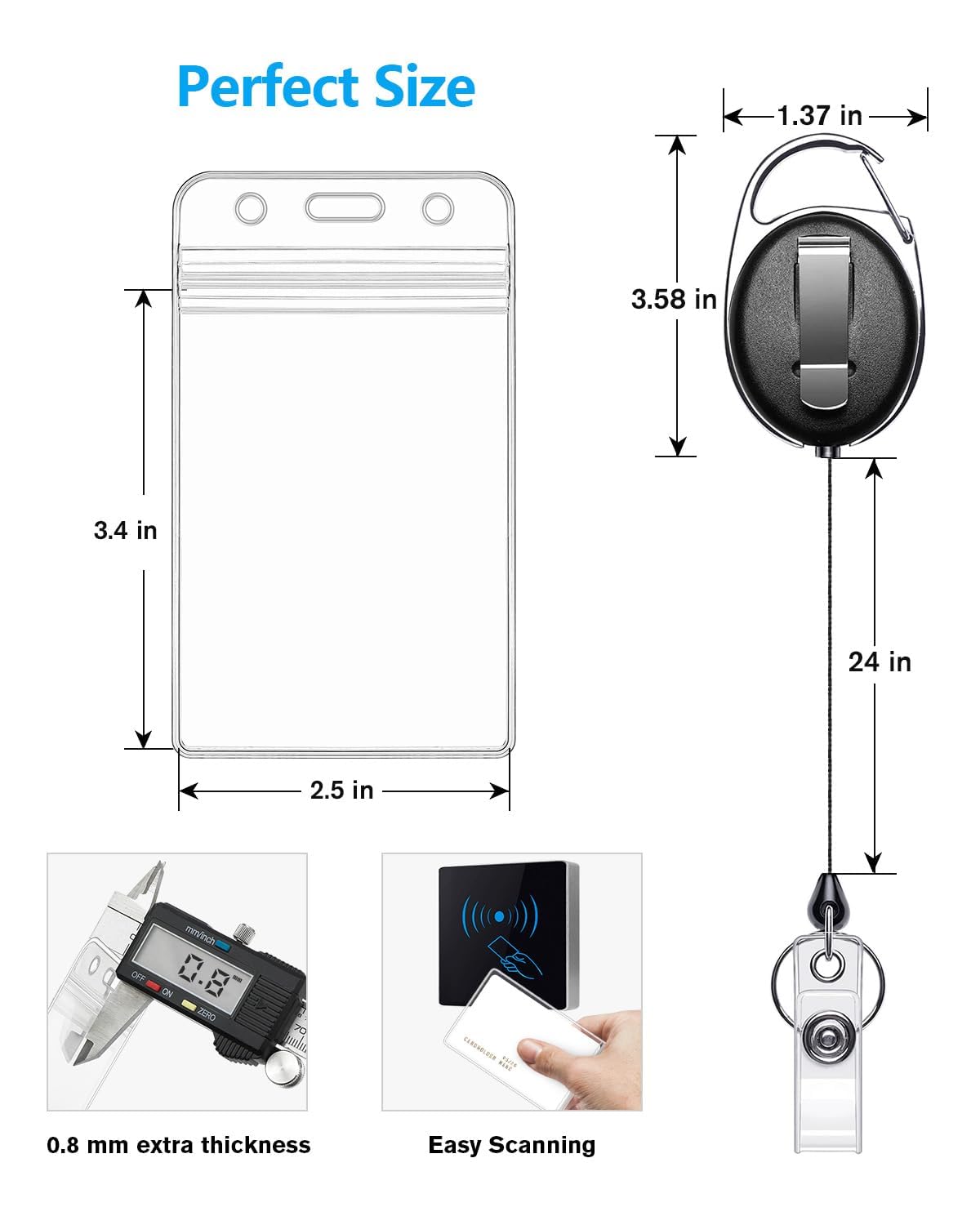 KTRIO 2 Pack Retractable Badge Holders, ID Badge Holders with Heavy Duty Carabiner Reel Clip, Vertical Style Clear ID Card Holders with 28 inches Kevlar Pull Cord