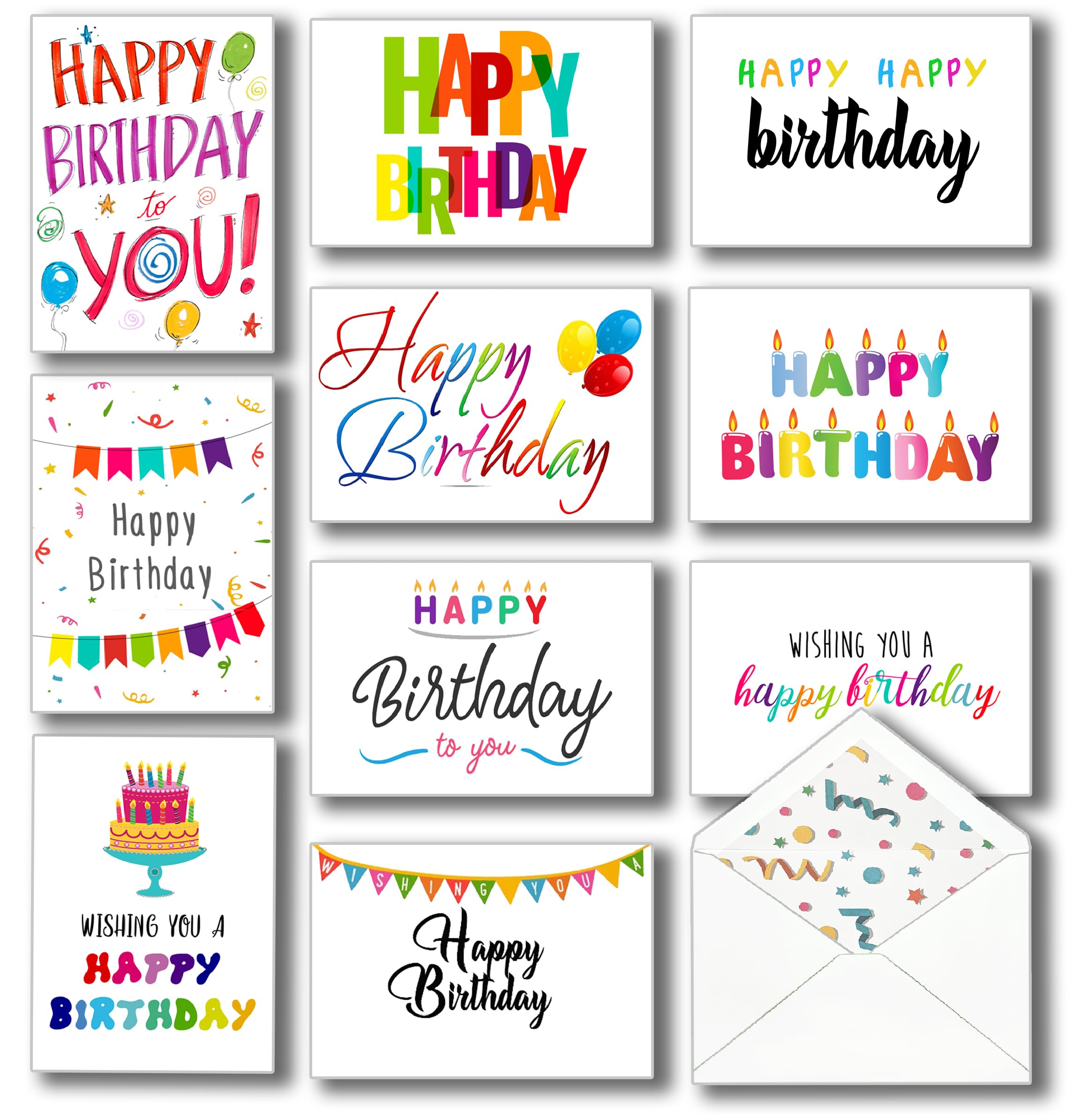 100 Happy Birthday Cards Bulk, Large 5x7 Inch Assorted, with Envelopes ,Stickers and Simple Greetings Inside , 10 Unique Designs, Thick Card Stock Box Set