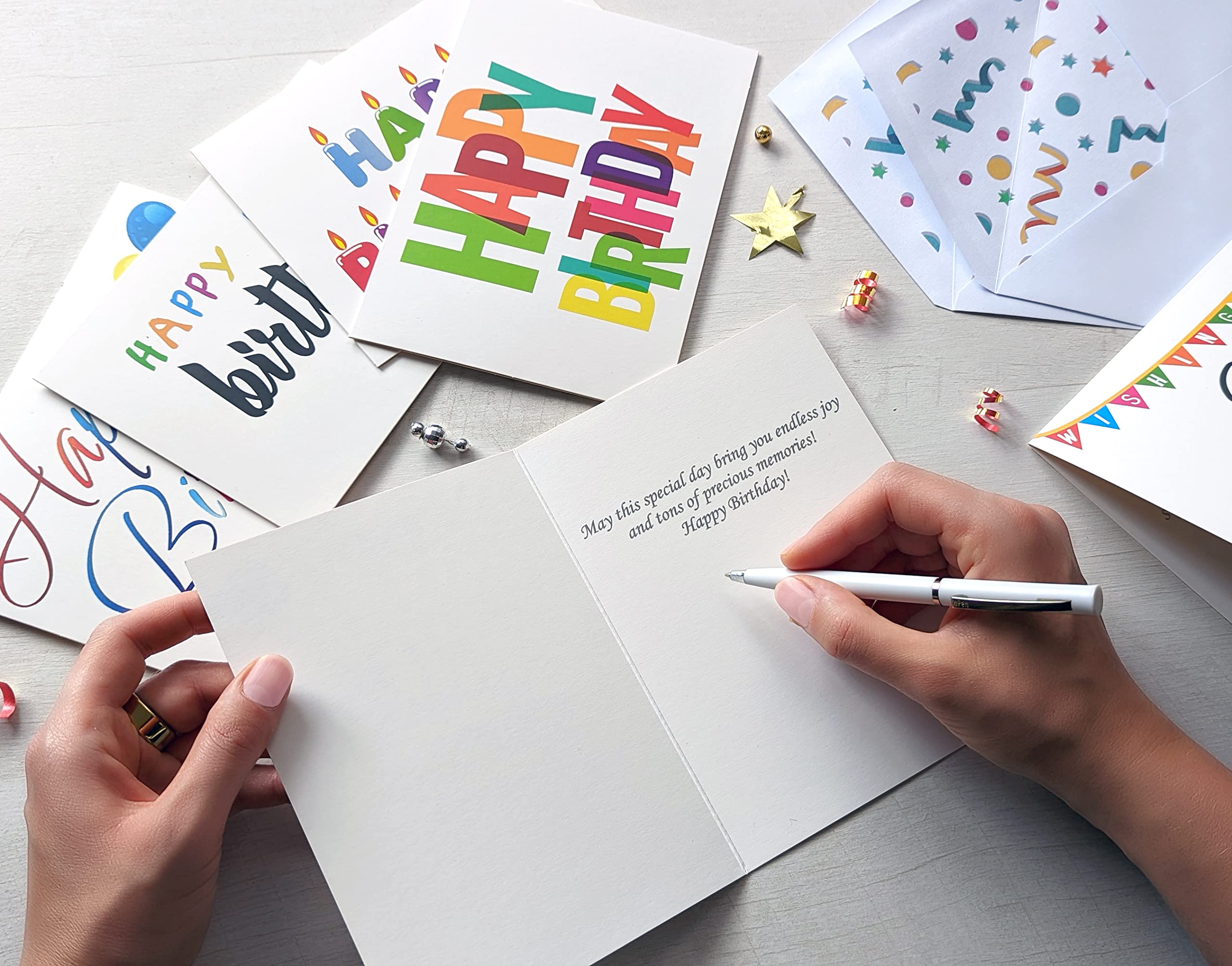 100 Happy Birthday Cards Bulk, Large 5x7 Inch Assorted, with Envelopes ,Stickers and Simple Greetings Inside , 10 Unique Designs, Thick Card Stock Box Set