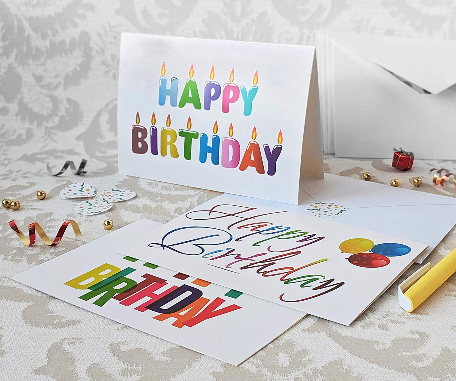 100 Happy Birthday Cards Bulk, Large 5x7 Inch Assorted, with Envelopes ,Stickers and Simple Greetings Inside , 10 Unique Designs, Thick Card Stock Box Set