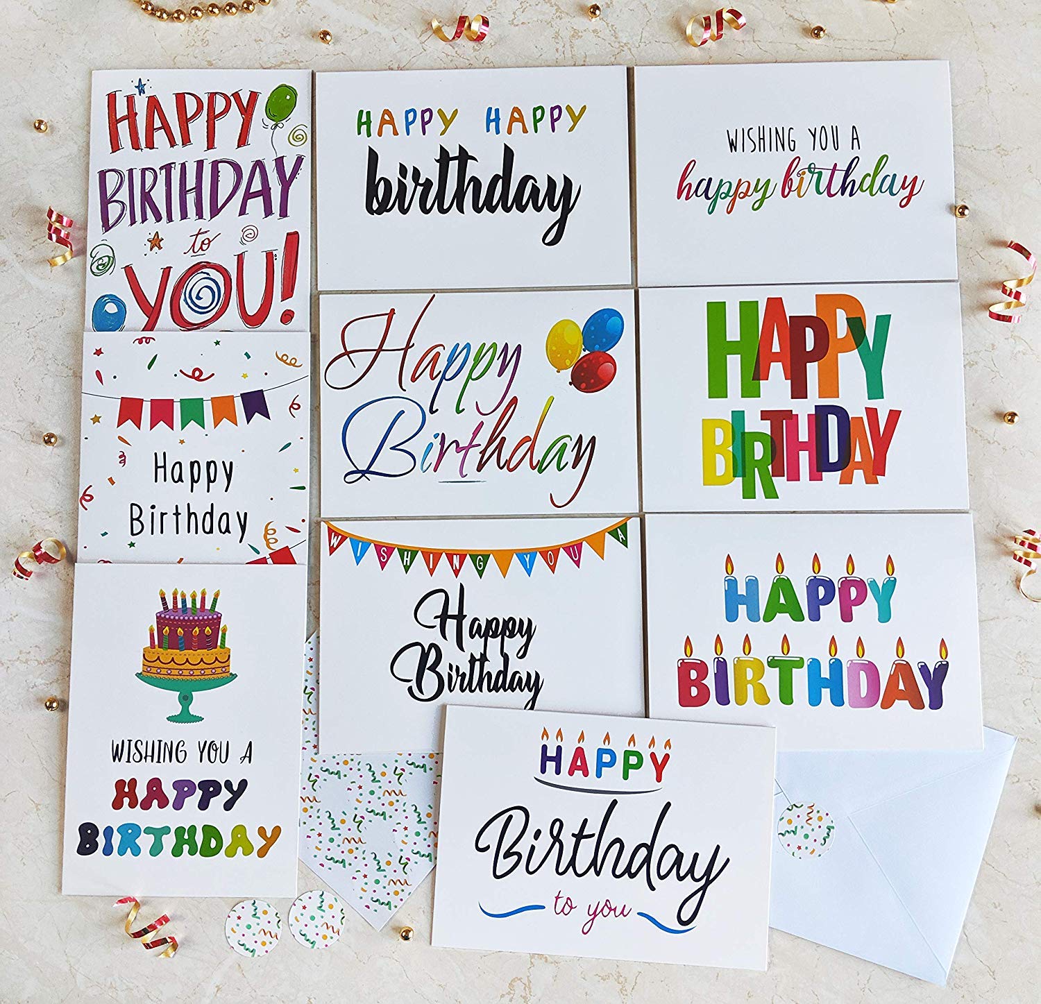 100 Happy Birthday Cards Bulk, Large 5x7 Inch Assorted, with Envelopes ,Stickers and Simple Greetings Inside , 10 Unique Designs, Thick Card Stock Box Set