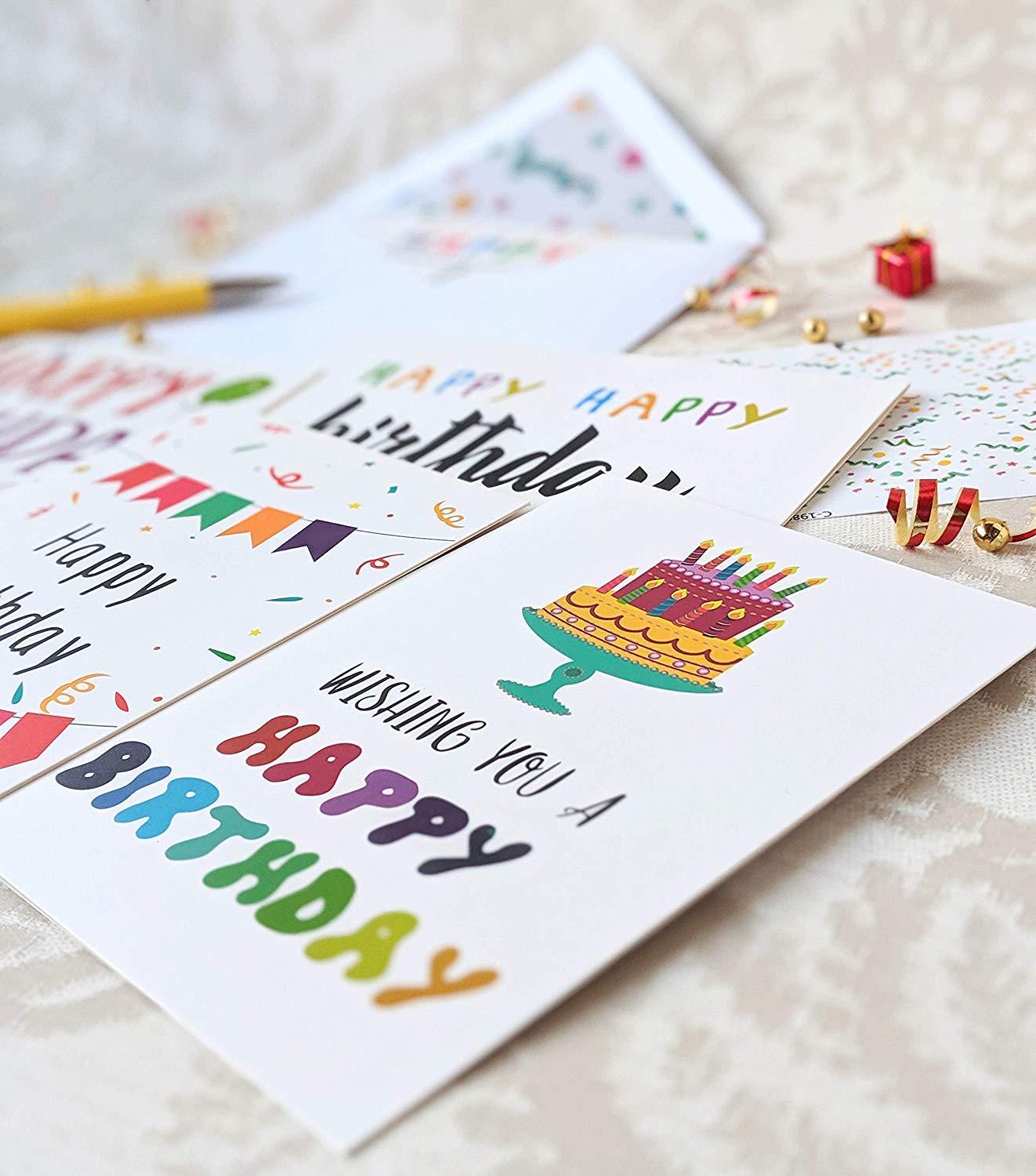 100 Happy Birthday Cards Bulk, Large 5x7 Inch Assorted, with Envelopes ,Stickers and Simple Greetings Inside , 10 Unique Designs, Thick Card Stock Box Set