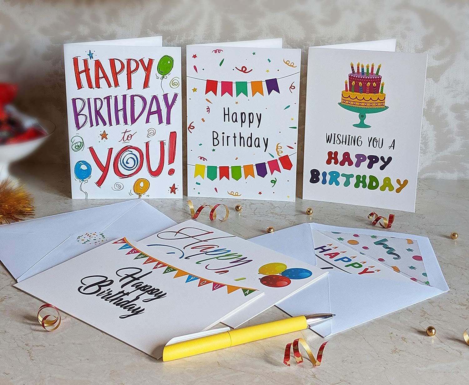 100 Happy Birthday Cards Bulk, Large 5x7 Inch Assorted, with Envelopes ,Stickers and Simple Greetings Inside , 10 Unique Designs, Thick Card Stock Box Set