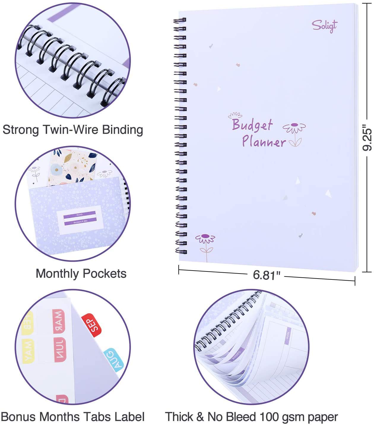 Monthly Budget Planner Book (Undated) with 12 Pockets for Income, Debt, Saving, Expense and Bill Tracker Organizer, Purple, Spiral Design