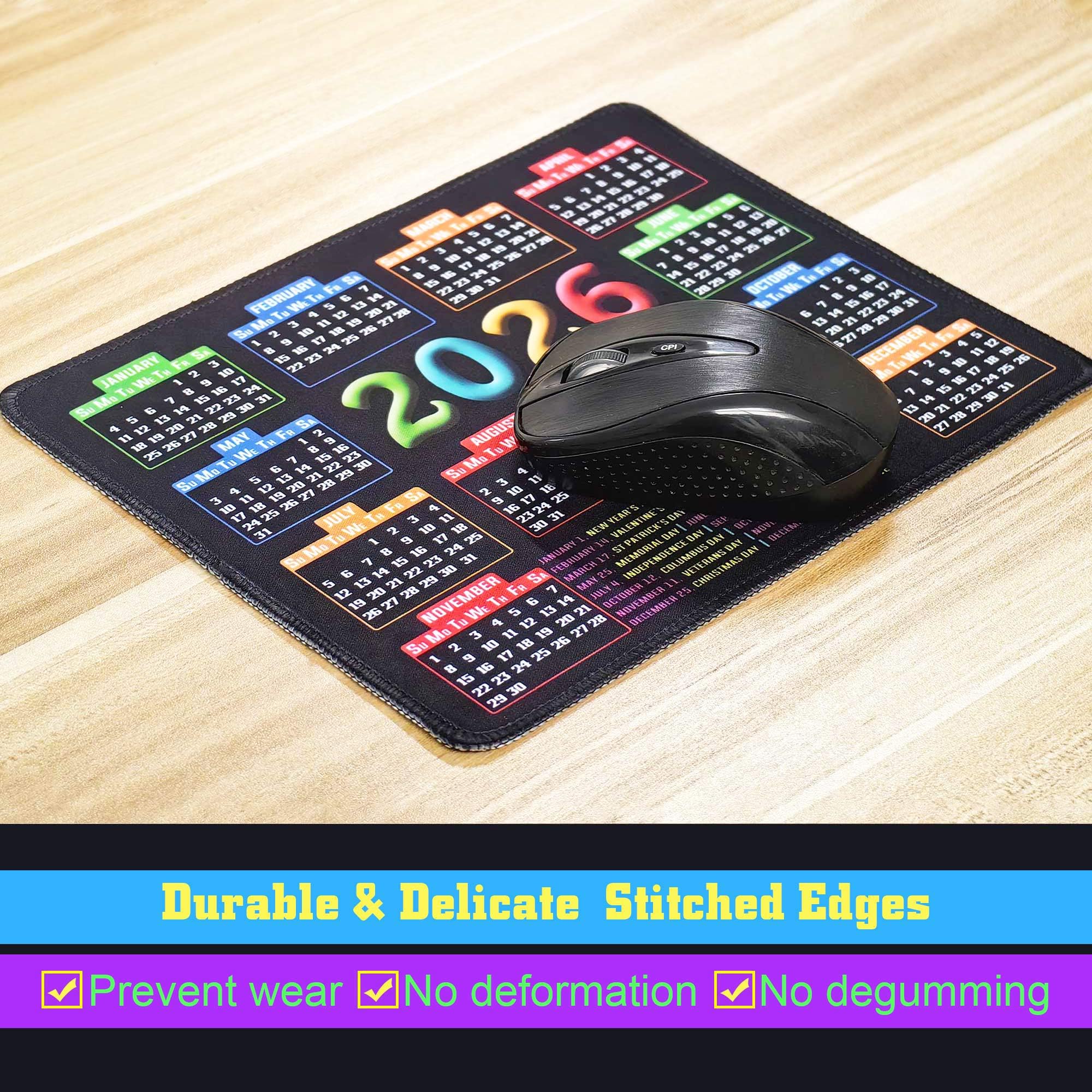 Mouse Pad with Stitched Edge, Computer Mouse Pad with Non-Slip Rubber Base, Mouse Pads for Computers Laptop Mouse 9.6x7.9x0.1 inch (2023 Calendar Black)