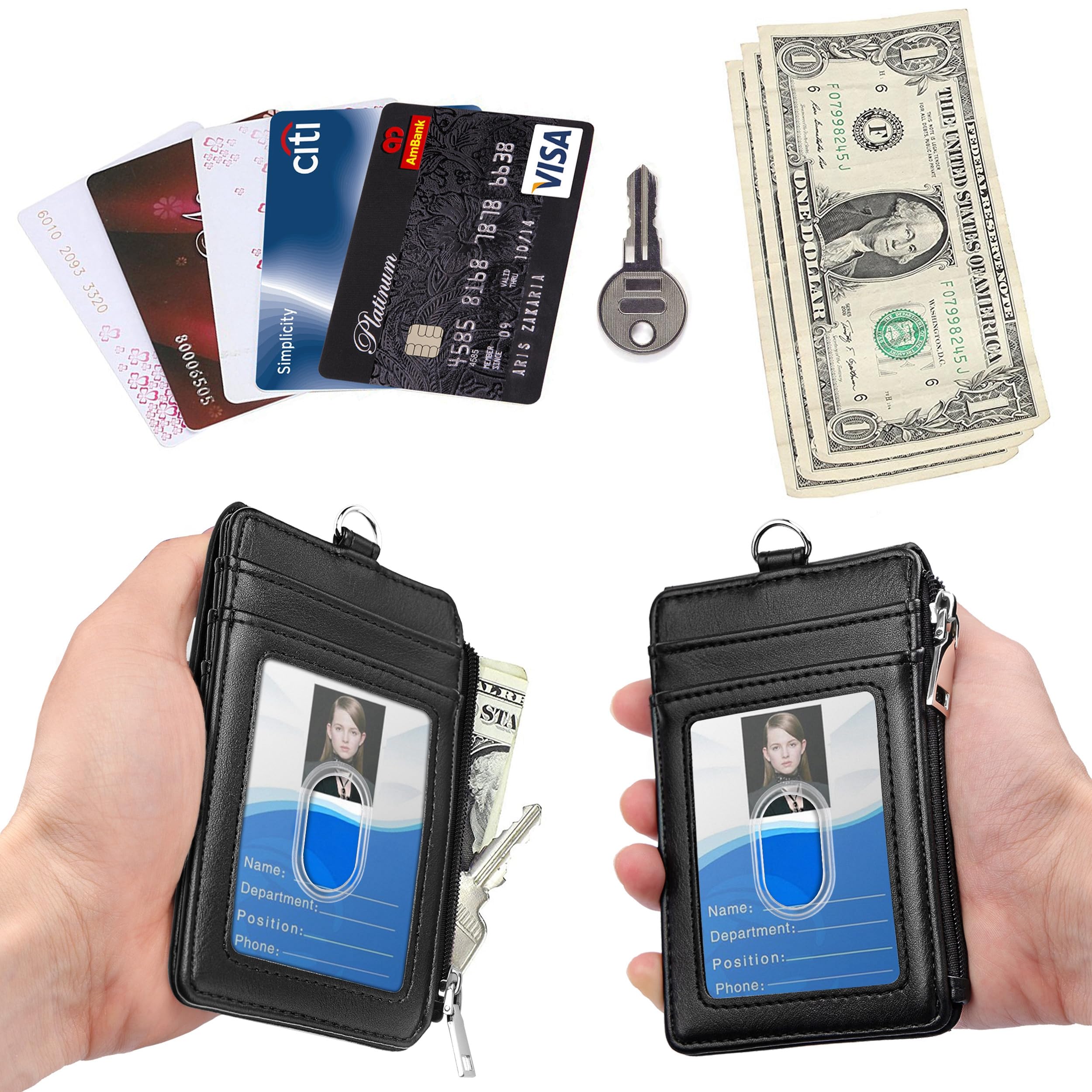 ELV Badge Holder with Zipper, PU Leather ID Badge Card Holder Wallet with 5 Card Slots, 1 Side RFID Blocking Pocket and 20 inch Neck Lanyard Strap for Offices ID, School ID, Driver Licence (Black)