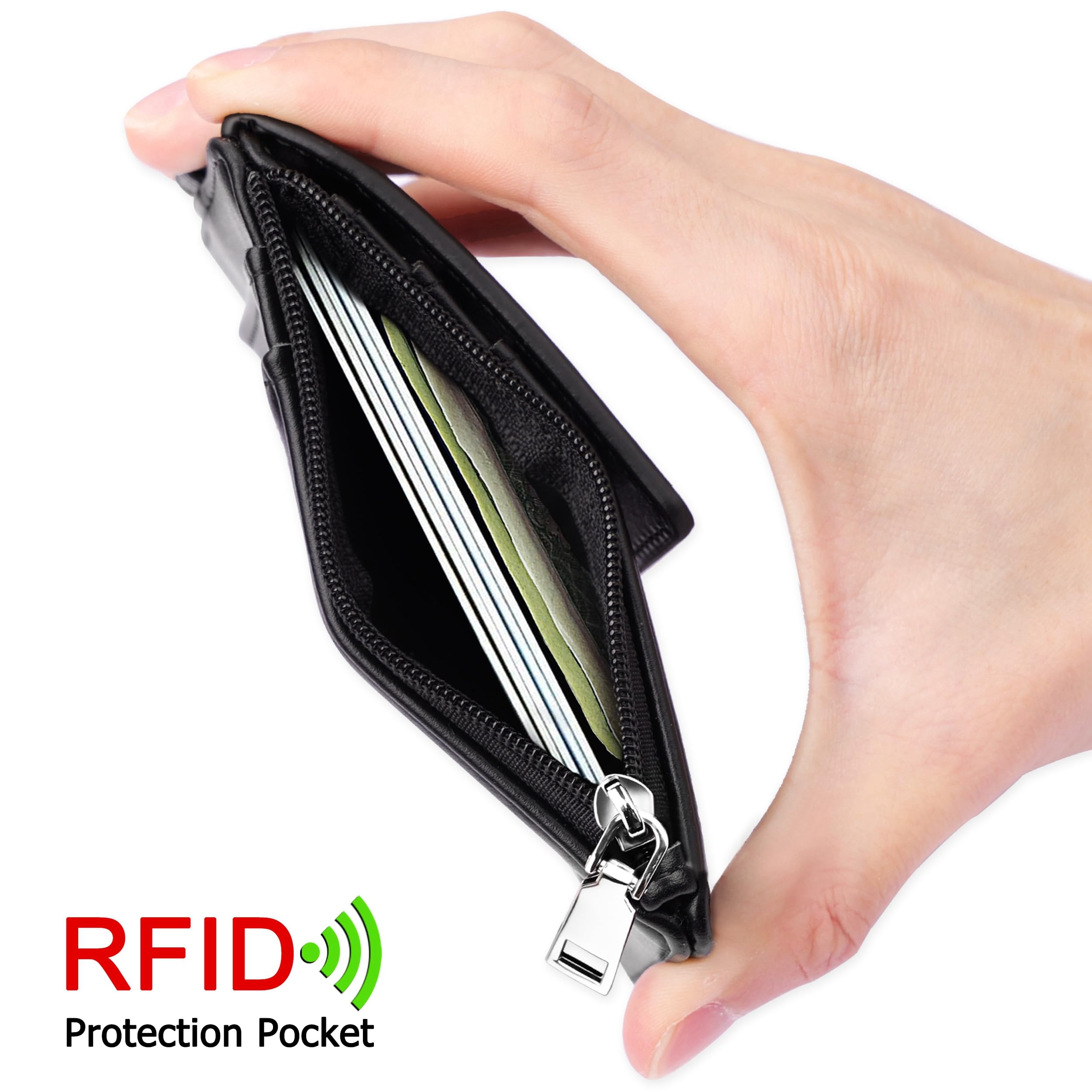 ELV Badge Holder with Zipper, PU Leather ID Badge Card Holder Wallet with 5 Card Slots, 1 Side RFID Blocking Pocket and 20 inch Neck Lanyard Strap for Offices ID, School ID, Driver Licence (Black)