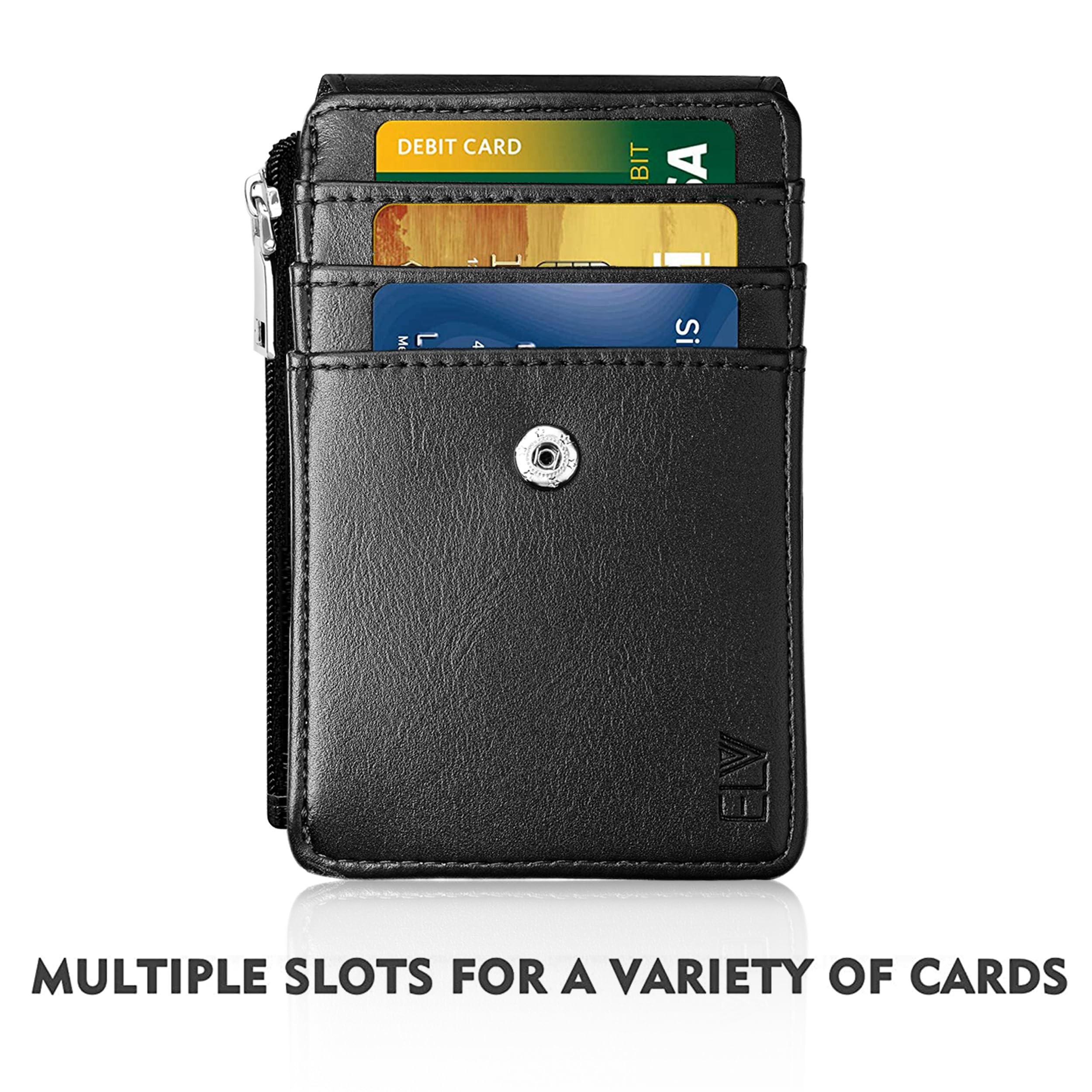 ELV Badge Holder with Zipper, PU Leather ID Badge Card Holder Wallet with 5 Card Slots, 1 Side RFID Blocking Pocket and 20 inch Neck Lanyard Strap for Offices ID, School ID, Driver Licence (Black)