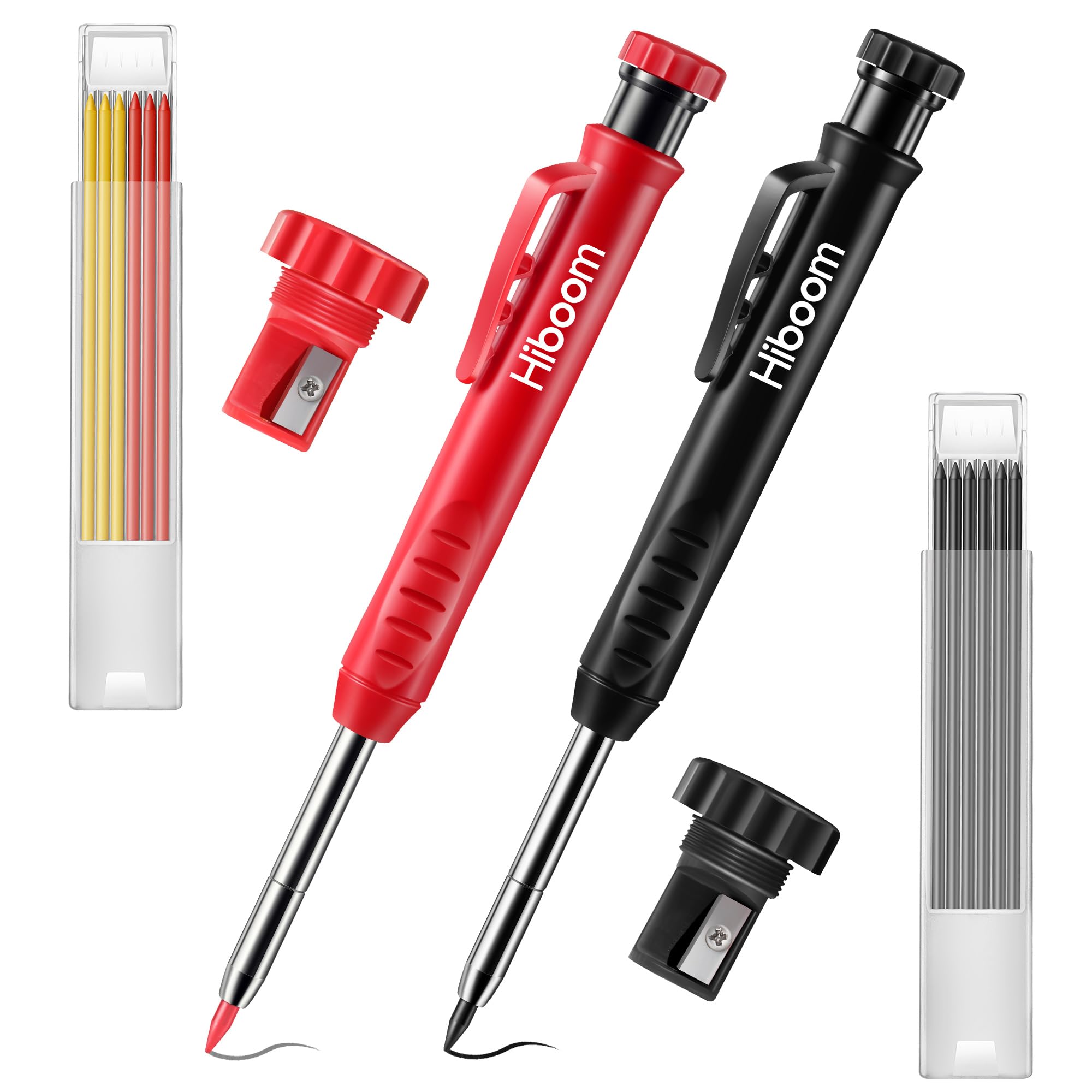 Hiboom 2 Pack Solid Carpenter Pencil with 14 Refill, Long Nosed Deep Hole Mechanical Pencil Marker with Built-in Sharpener for Carpenter Woodworking Architect Fathers Day Gift (Black, Red)