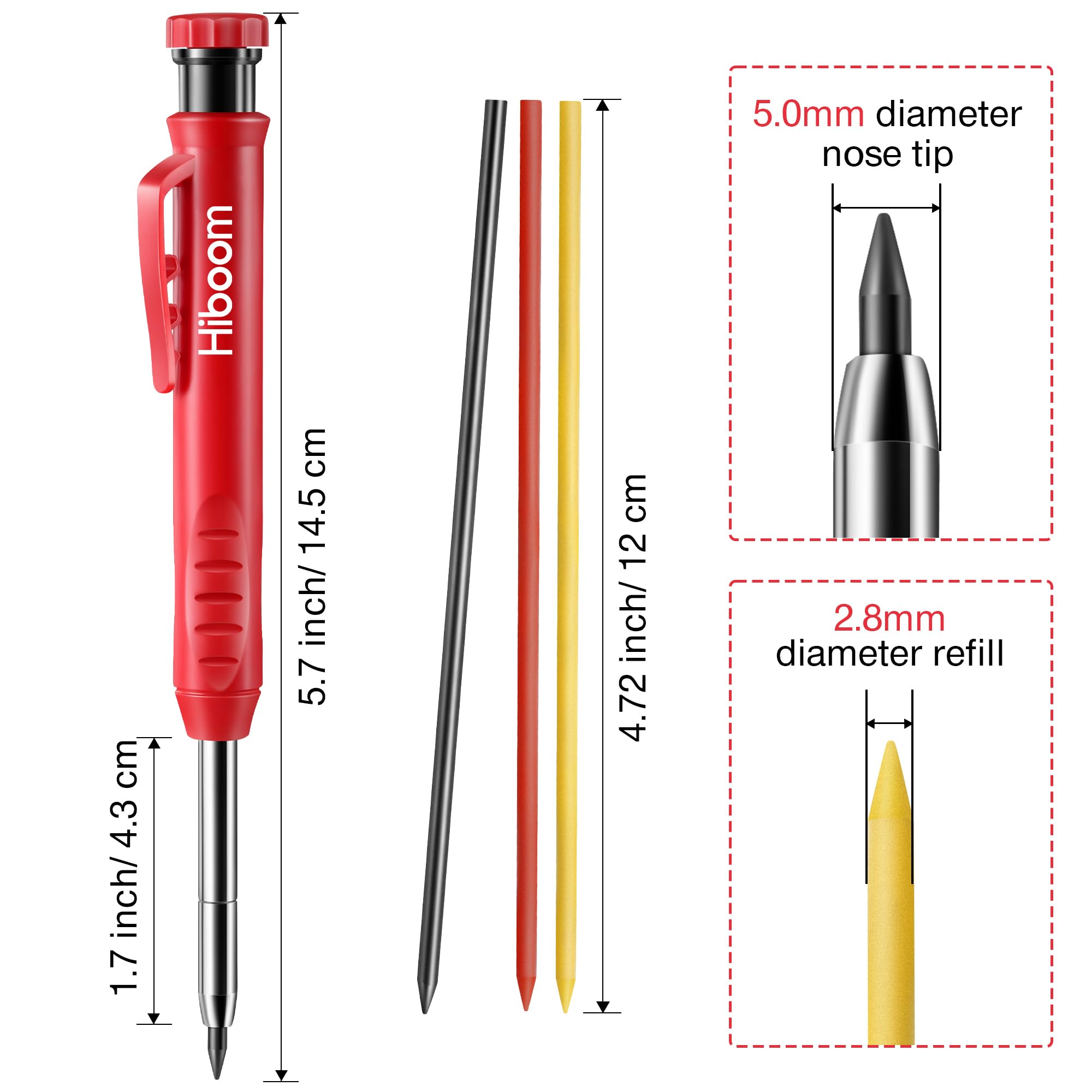 Hiboom 2 Pack Solid Carpenter Pencil with 14 Refill, Long Nosed Deep Hole Mechanical Pencil Marker with Built-in Sharpener for Carpenter Woodworking Architect Fathers Day Gift (Black, Red)