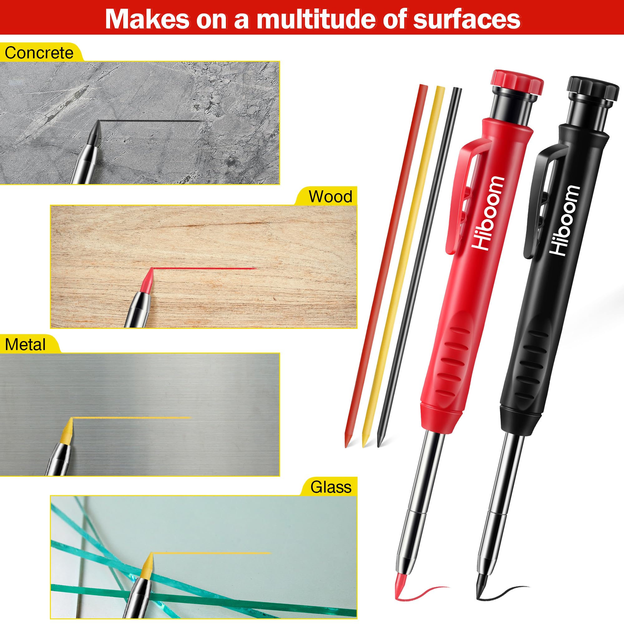 Hiboom 2 Pack Solid Carpenter Pencil with 14 Refill, Long Nosed Deep Hole Mechanical Pencil Marker with Built-in Sharpener for Carpenter Woodworking Architect Fathers Day Gift (Black, Red)