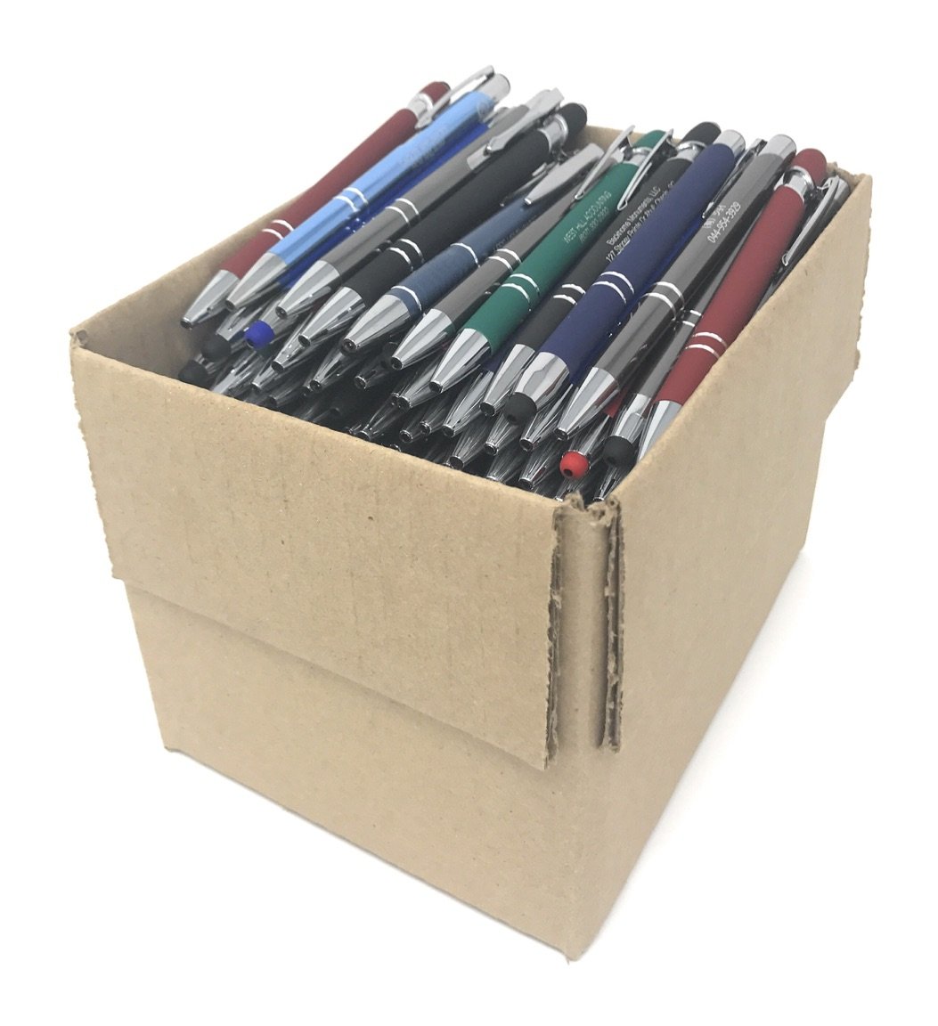 5 lb. Box of Assorted Misprint Metal Retractable Ball Point â Bulk Misprinted Pens, Stylus Tip, Comfort Grips, Wholesale Office Home School Black Blue Ink â Approximately 120 Pens per Box