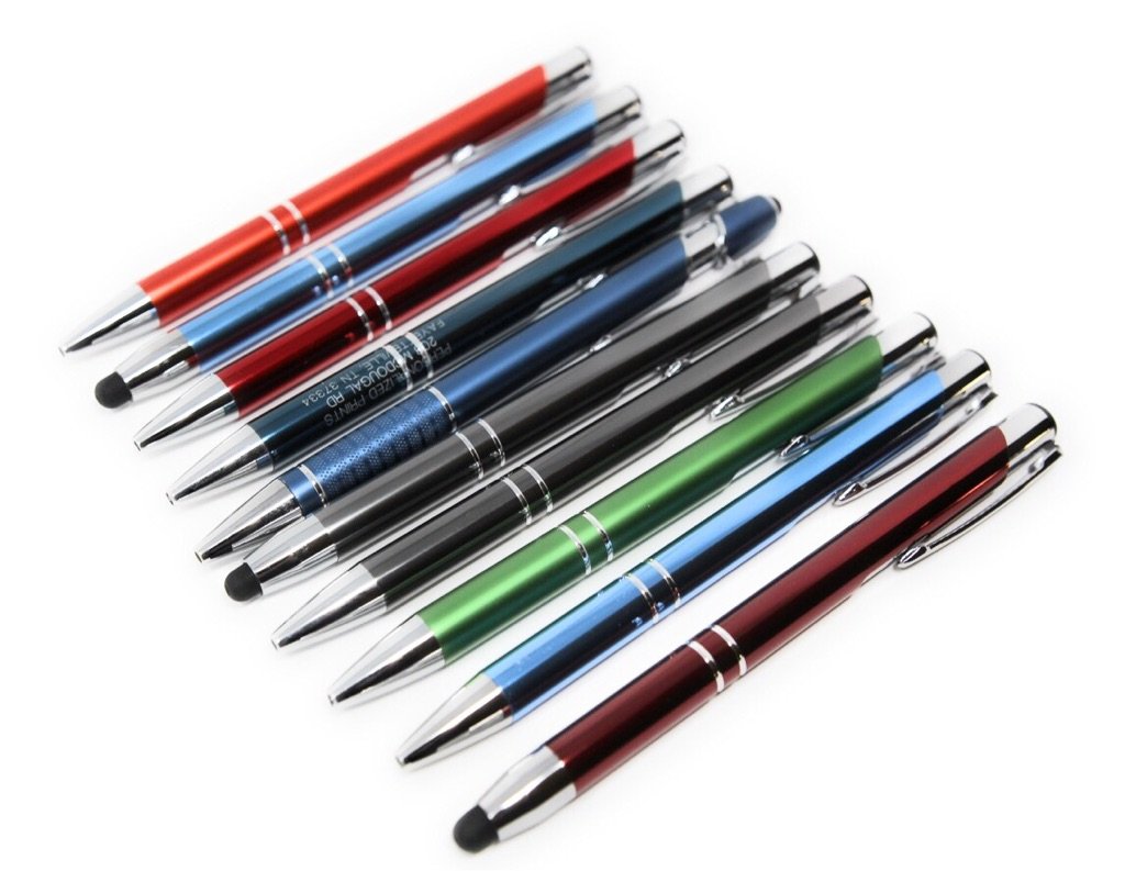 5 lb. Box of Assorted Misprint Metal Retractable Ball Point – Bulk Misprinted Pens, Stylus Tip, Comfort Grips, Wholesale Office Home School Black Blue Ink – Approximately 120 Pens per Box