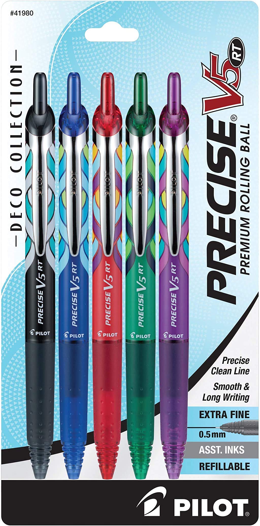 PILOT Precise V5 RT Deco Collection Refillable & Retractable Liquid Ink Rolling Ball Pens, Extra Fine Point (0.5mm) Black/Blue/Red/Green/Purple Inks, 5-Pack (41980)