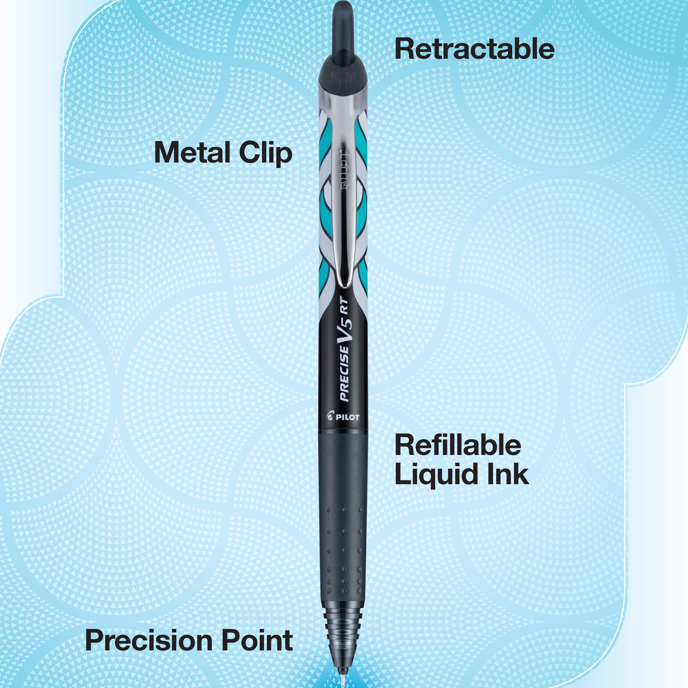 PILOT Precise V5 RT Deco Collection Refillable & Retractable Liquid Ink Rolling Ball Pens, Extra Fine Point (0.5mm) Black/Blue/Red/Green/Purple Inks, 5-Pack (41980)