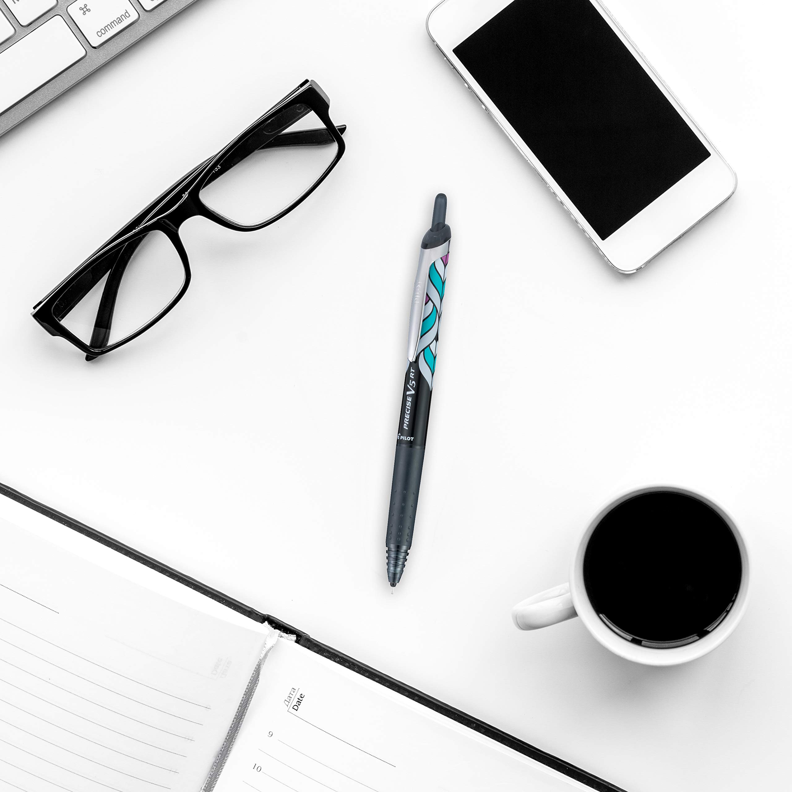 PILOT Precise V5 RT Deco Collection Refillable & Retractable Liquid Ink Rolling Ball Pens, Extra Fine Point (0.5mm) Black/Blue/Red/Green/Purple Inks, 5-Pack (41980)