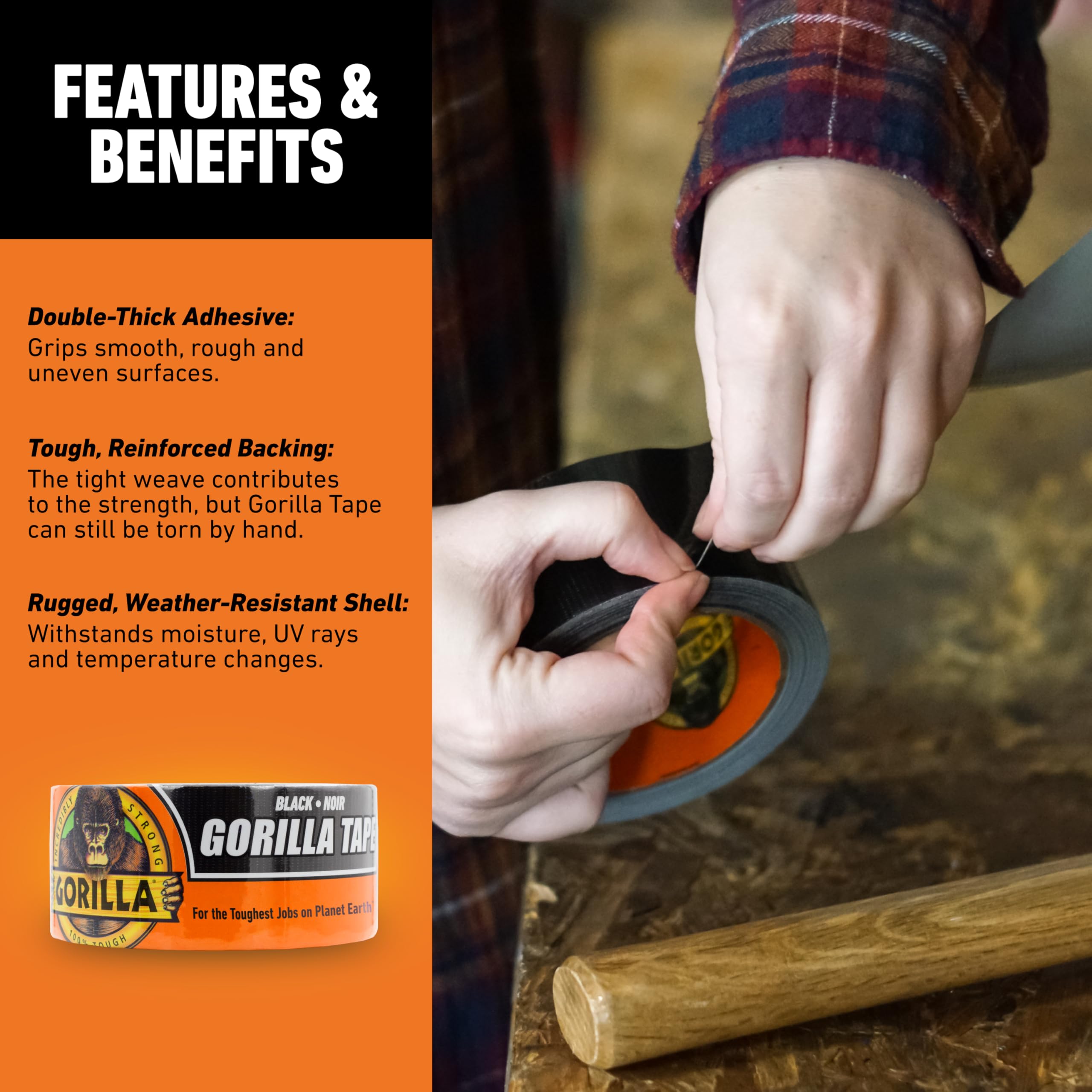 Gorilla Black Duct Tape, 1.88" x 12 yd, Black, (Pack of 2)