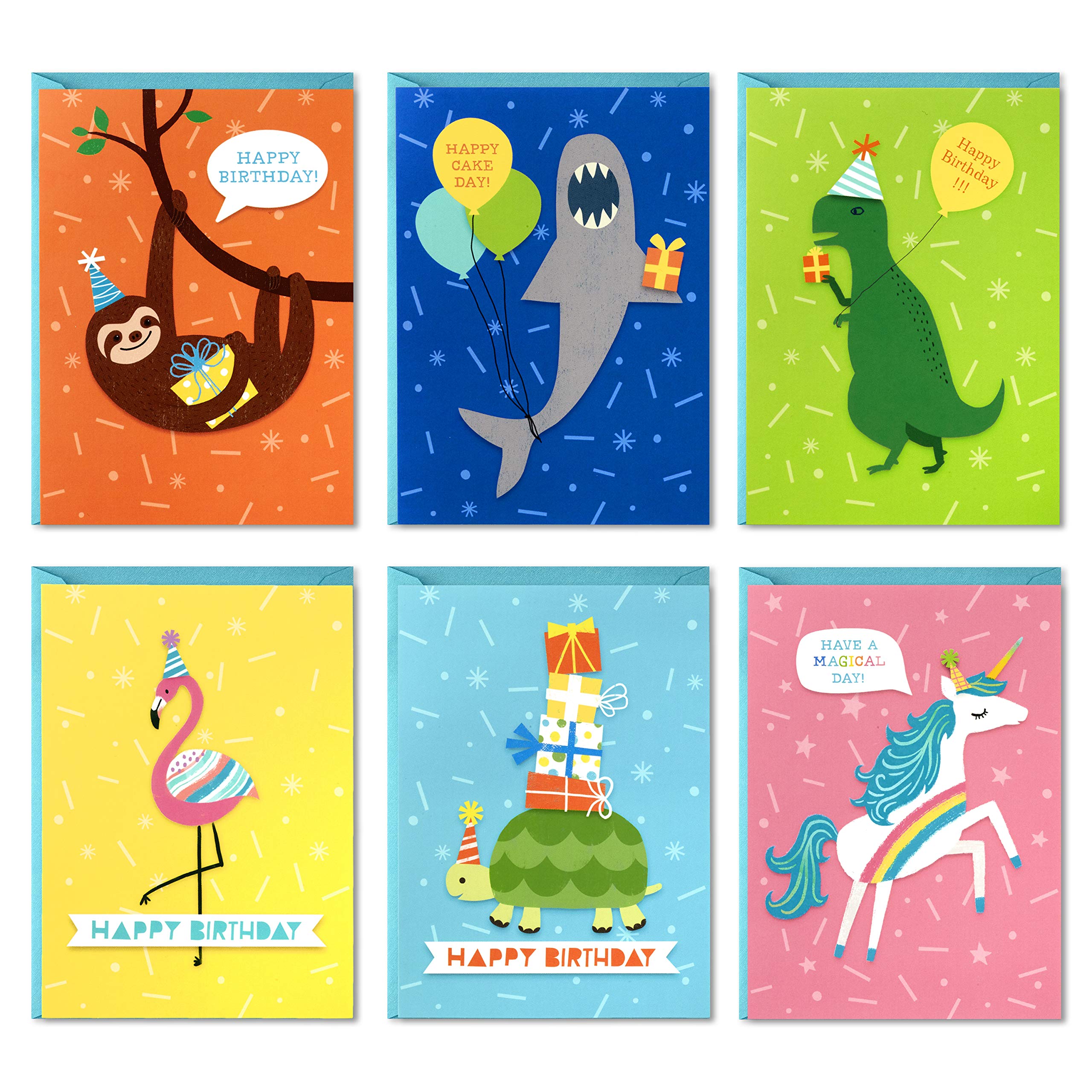 Hallmark Birthday Cards for Kids Assortment, 48 Cards with Envelopes (Dinosaurs, Sloths, Unicorns, Flamingos, Turtles, Sharks)