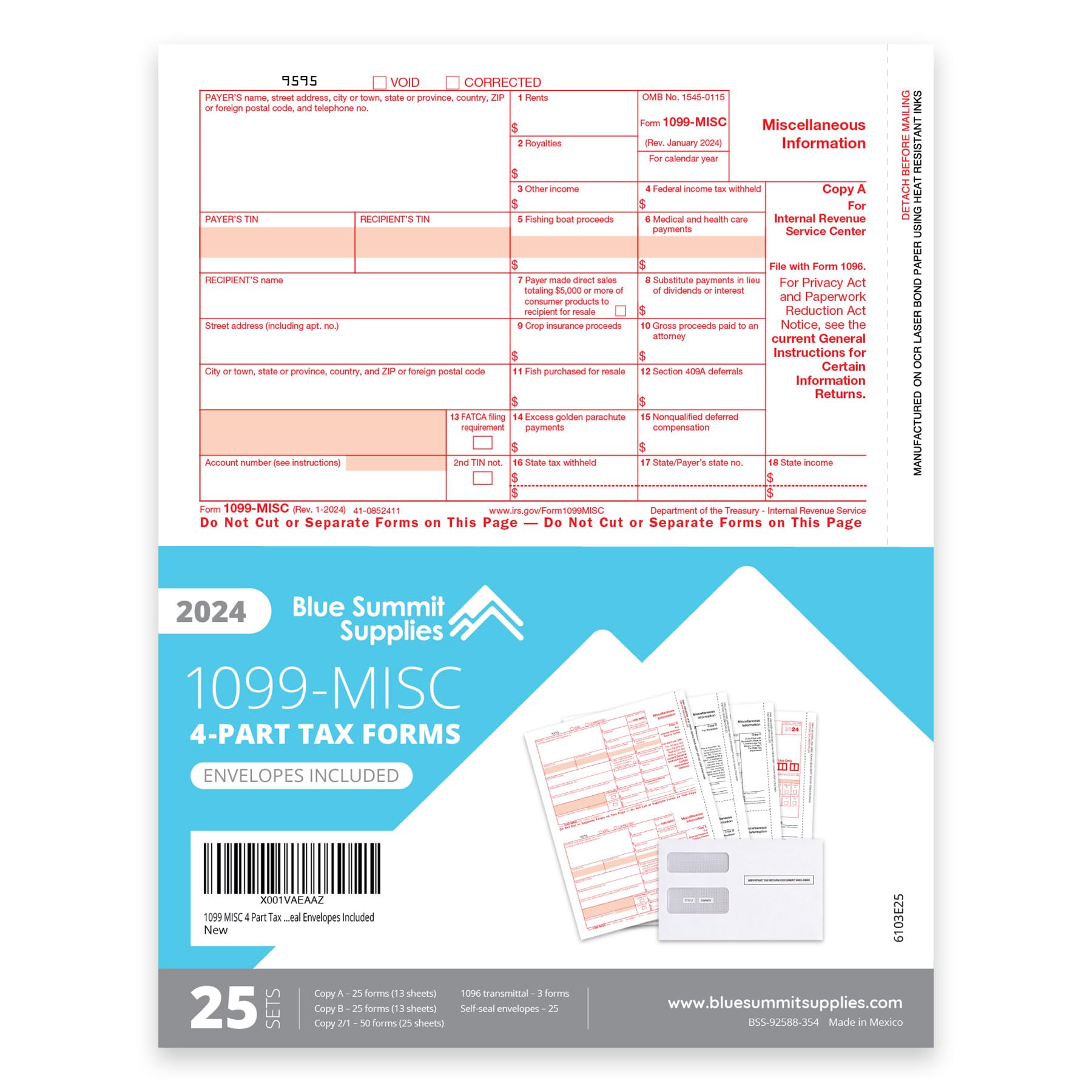 1099 MISC Forms 2022, 4 Part Tax Forms Kit, 25 Vendor Kit of Laser Forms, Compatible with QuickBooks and Accounting Software, 25 Self Seal Envelopes Included