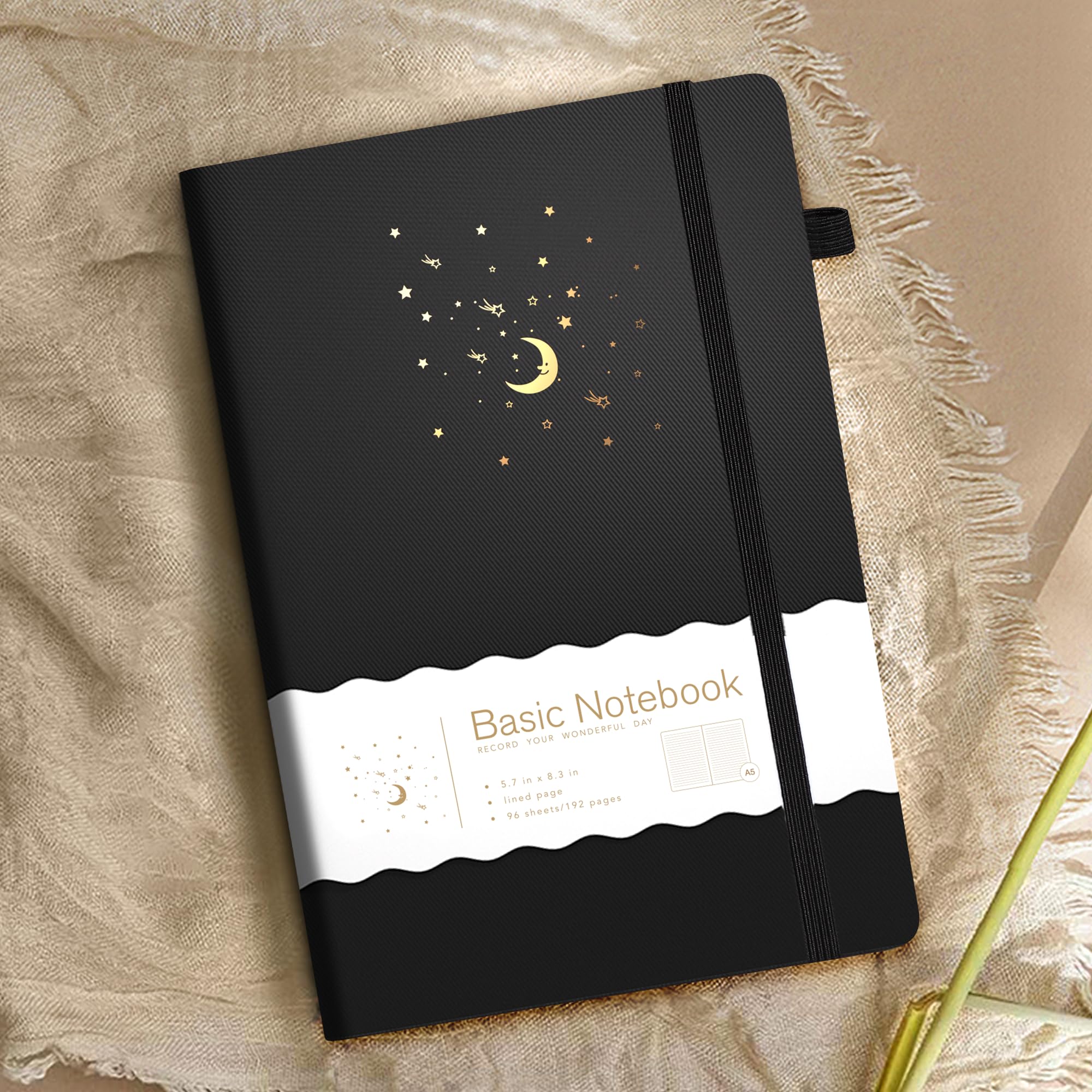 CAGIE Lined Journal Notebook for Work, 196 Pages, Medium 5.7" x 8.3", Hardcover Notebook Journal with Pen Loop, (Black Ruled)